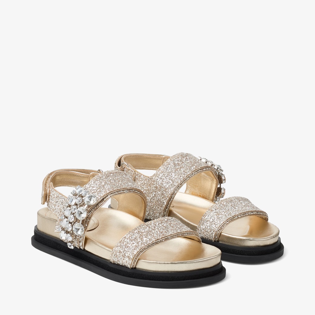 Verity Flat Sandal | Sand Glitter Crystal Flat Sandals | JIMMY CHOO NZ