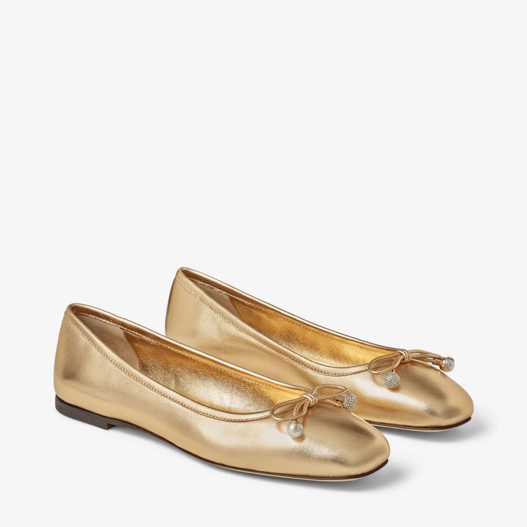 ELME FLAT | Gold Metallic Nappa Leather Flats with Pearl Embellishment ...