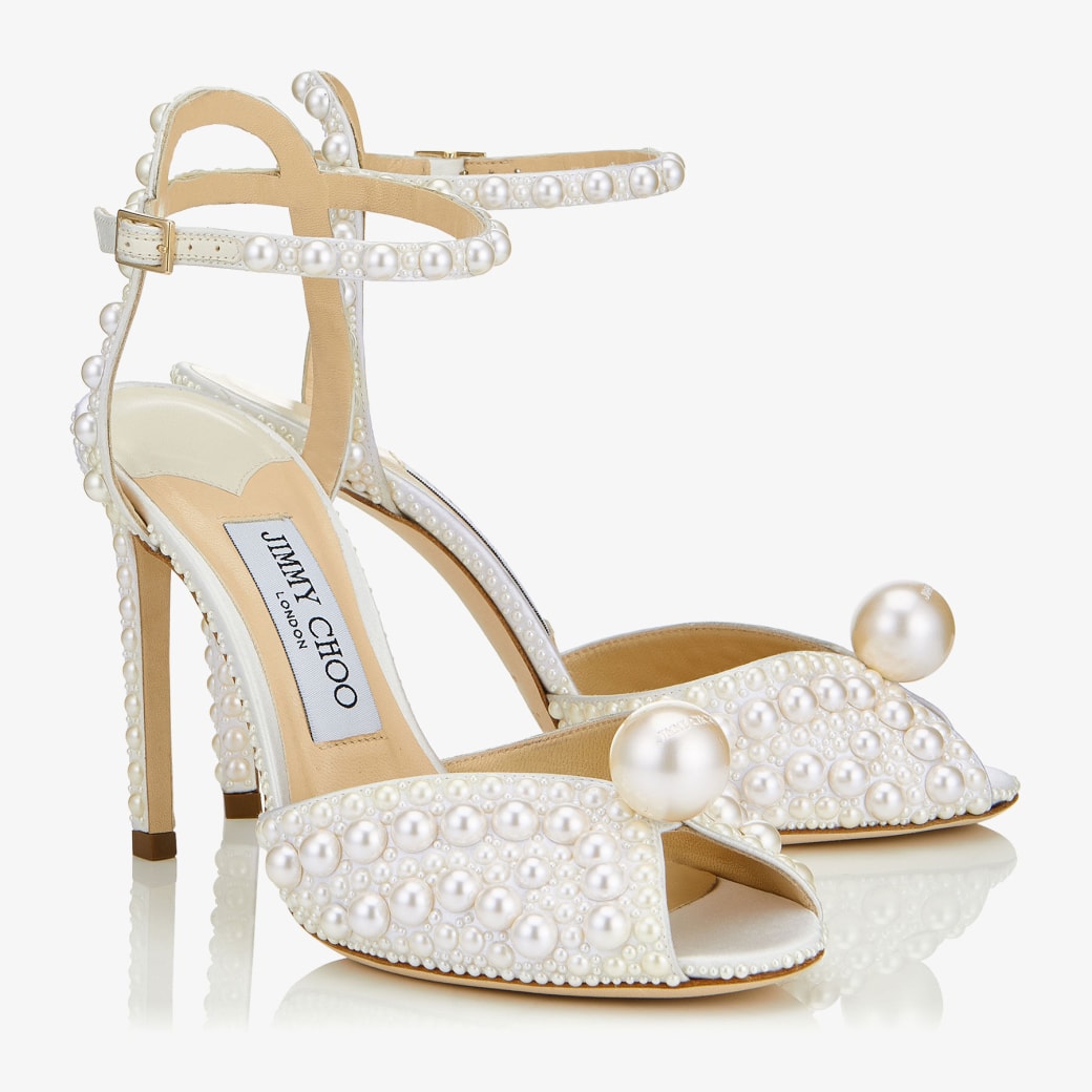White Satin Sandals with All Over Pearls | SACORA 100 | Autumn Winter ...