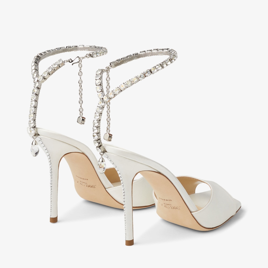 SAEDA SANDAL 100 | Ivory Satin Sandals with Crystal Embellishment ...