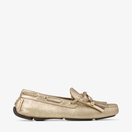Manon F |Gold Shimmer Crosta Suede Loafer with Metal Orb | JIMMY CHOO