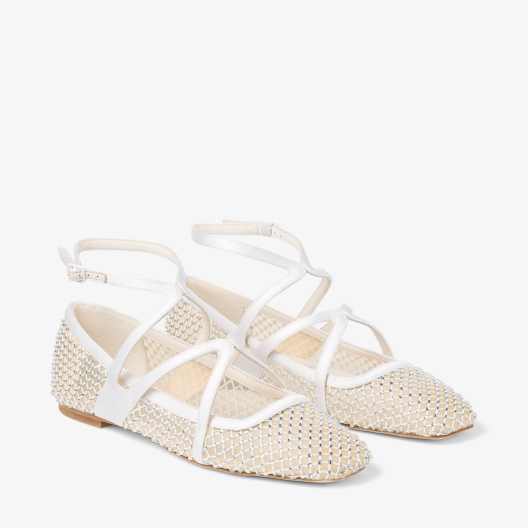 Astoria Flat | White Crystal Mesh Satin Flats | JIMMY CHOO