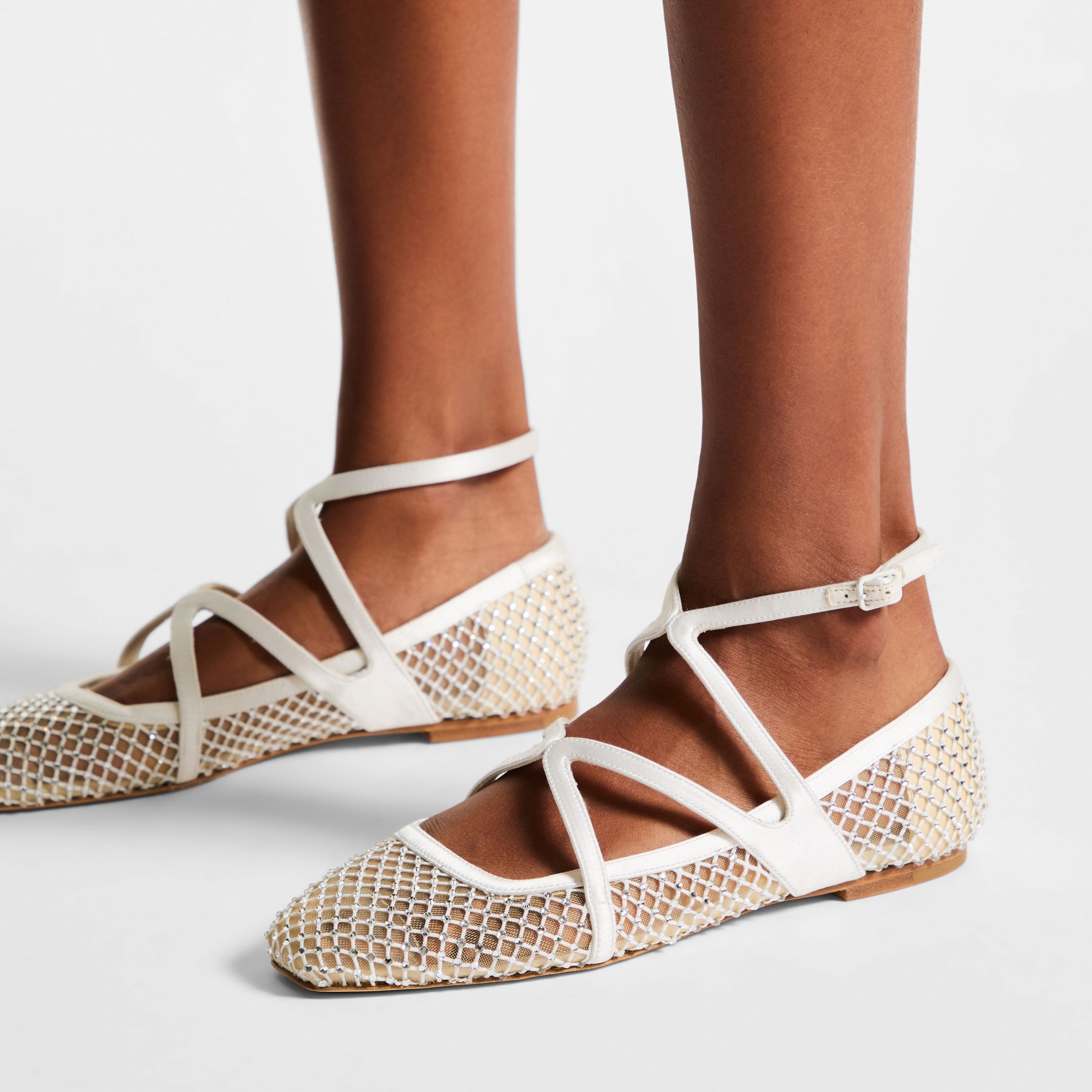 Astoria Flat | White Crystal Mesh Satin Flats | JIMMY CHOO