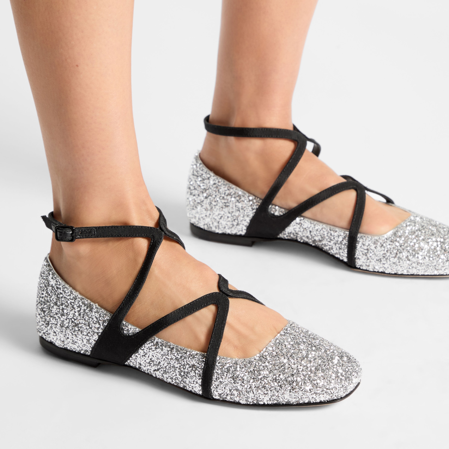 Astoria Flat | Silver/Black Glitter Fabric Flats | JIMMY CHOO UK