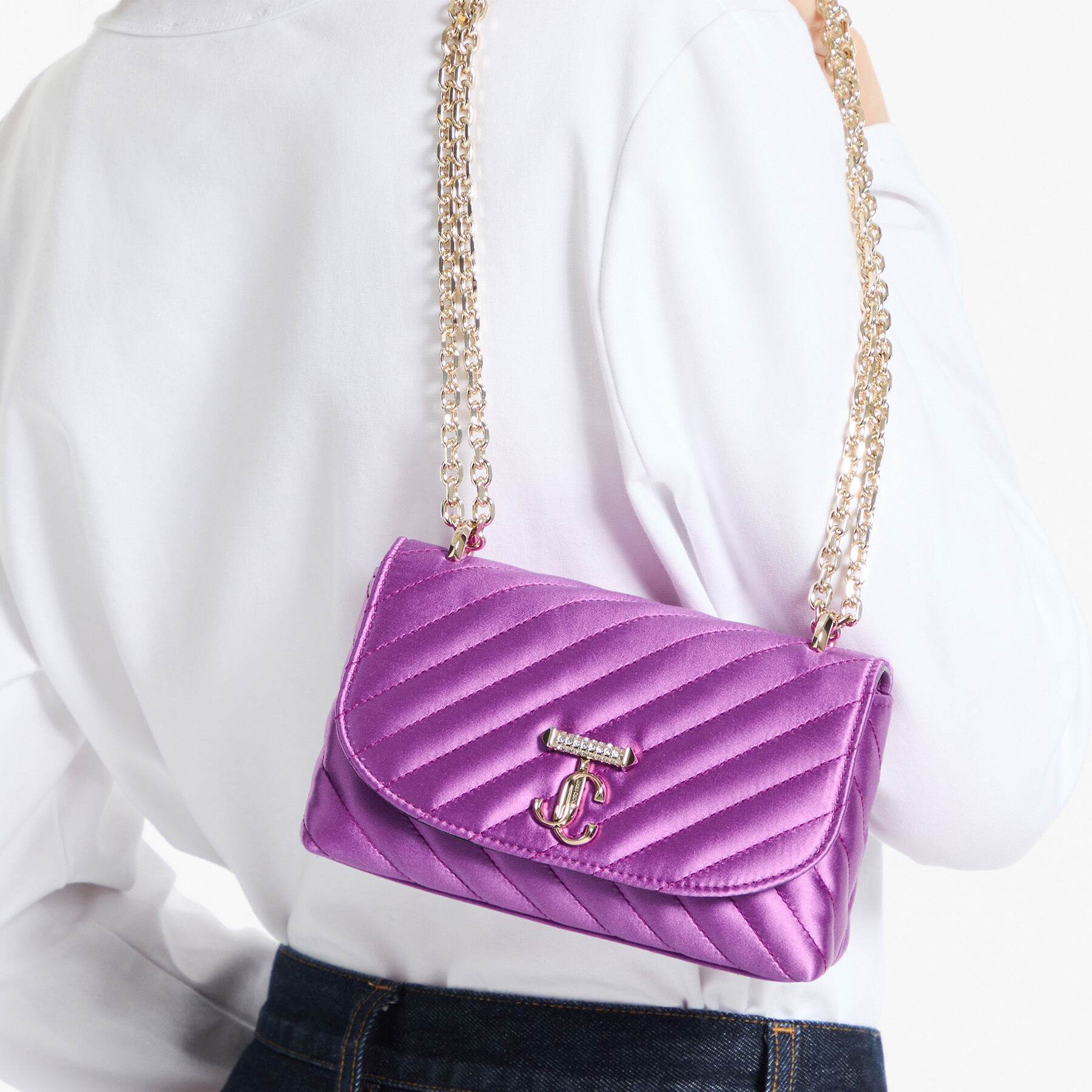 Curve Cross Body Small | Violet Orchid Quilted Satin Crossbody with ...
