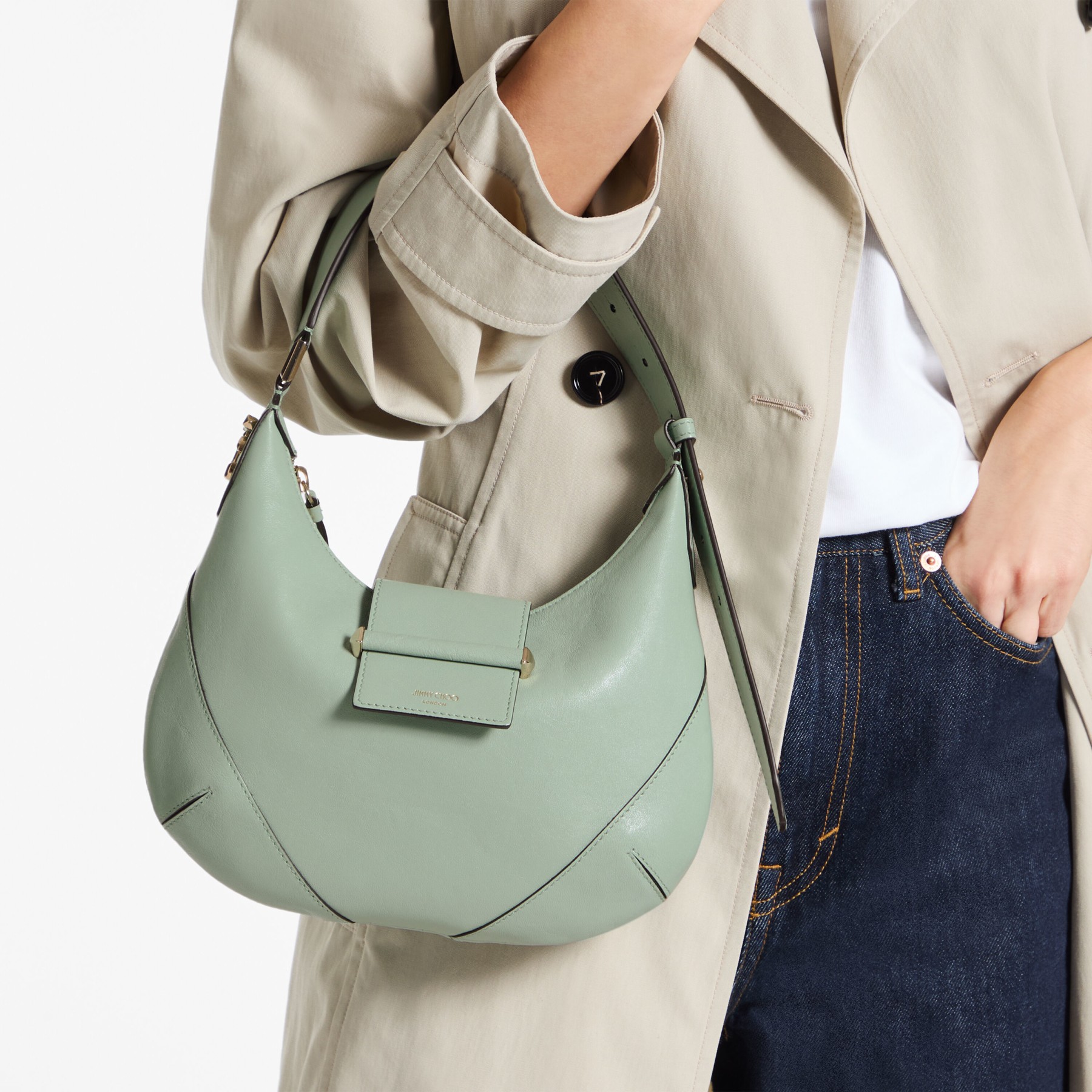 Bar Hobo Small | Verde Biker Leather Shoulder Bag | JIMMY CHOO