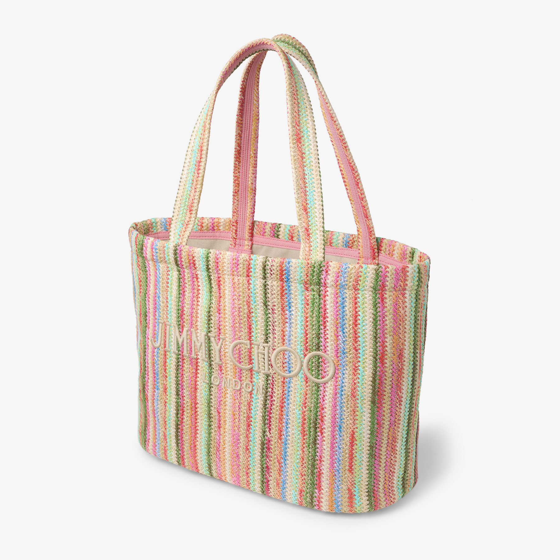Beach Tote East-West | Ecru Striped Raffia Embroidered Tote Bag | JIMMY CHOO UK