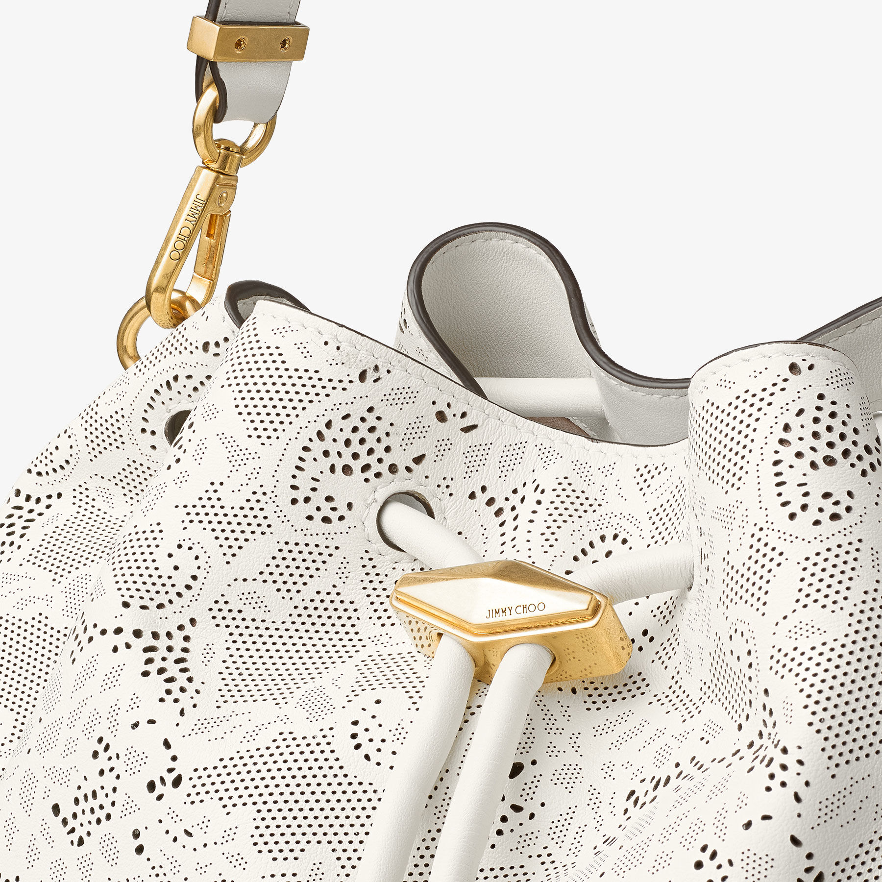 Cinch Medium | Latte Perforated Lace Bucket Bag | JIMMY CHOO