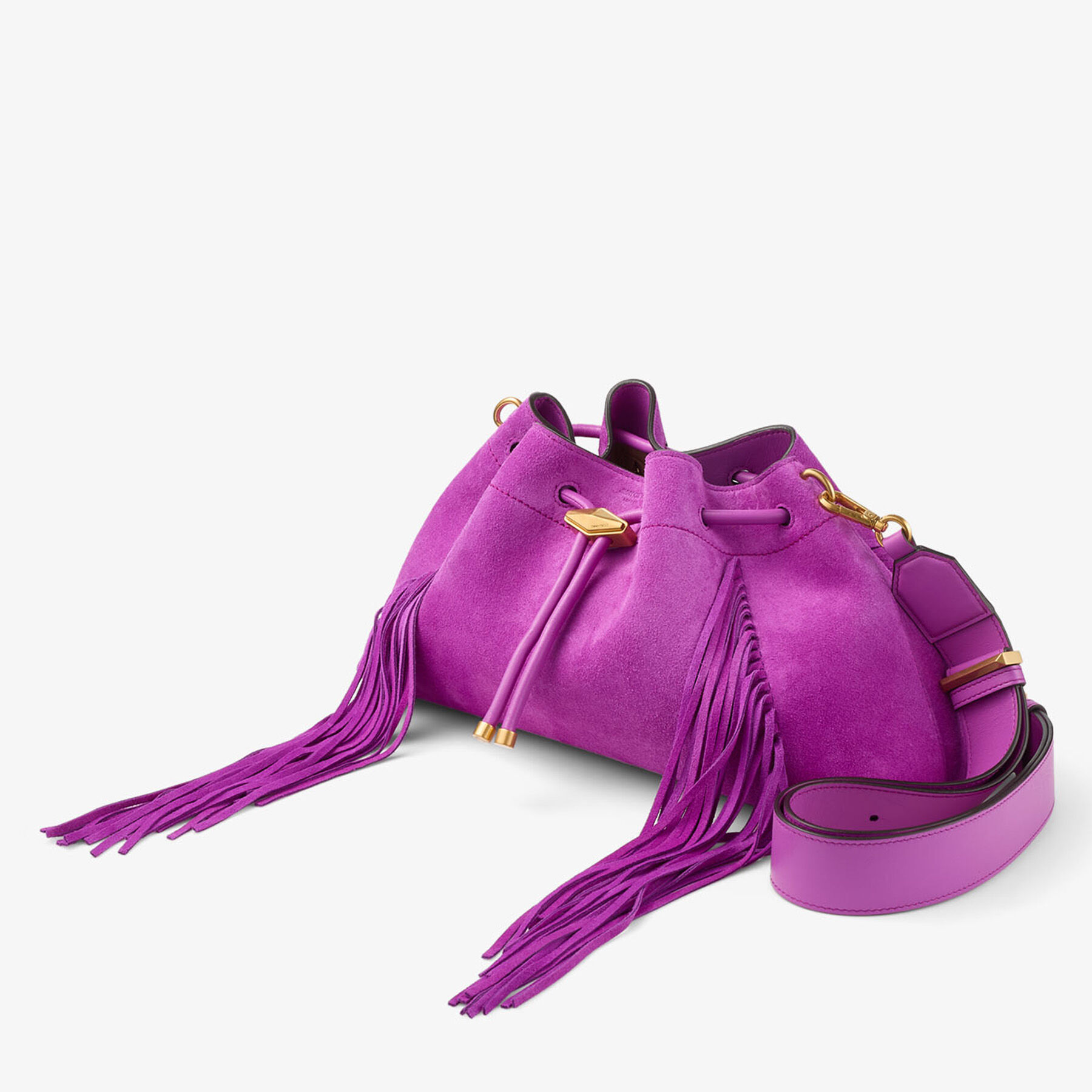 Cinch Medium | Violet Orchid Suede Bucket Bag with Fringes | JIMMY CHOO