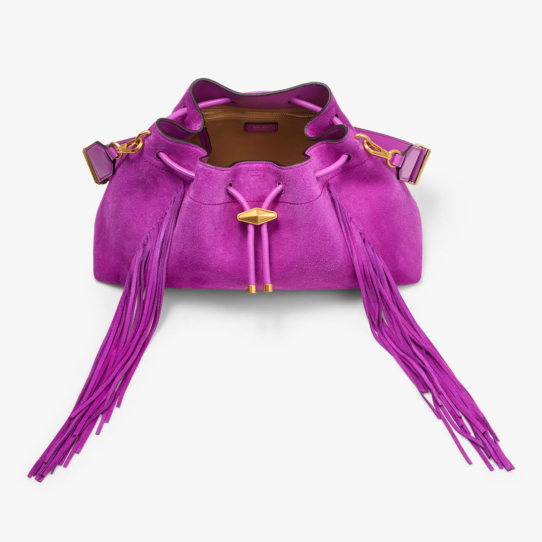 Cinch Medium | Violet Orchid Suede Bucket Bag with Fringes | JIMMY CHOO