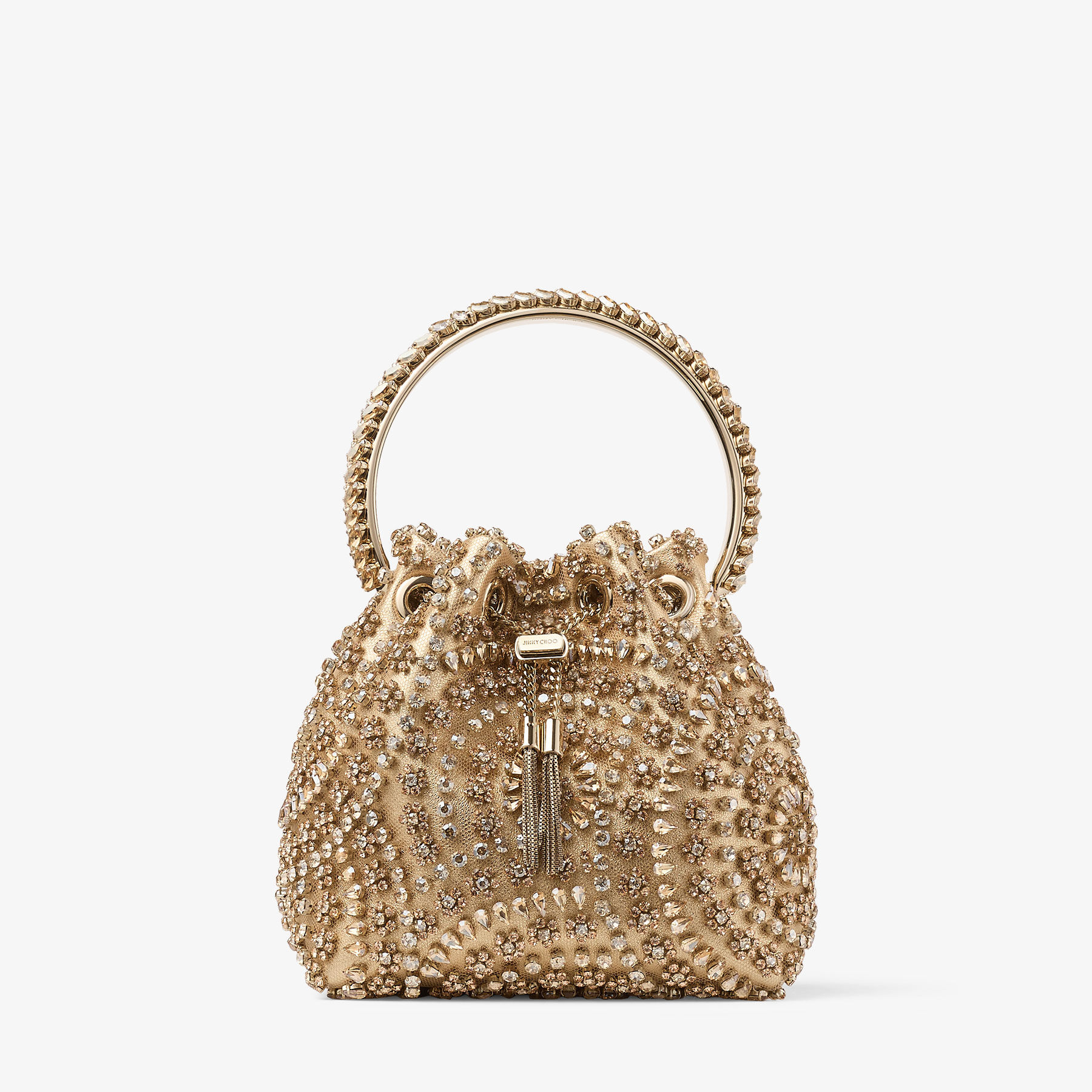 Bon Bon | Gold Metallic Nappa Handbag with Crystal Embroidery | JIMMY CHOO