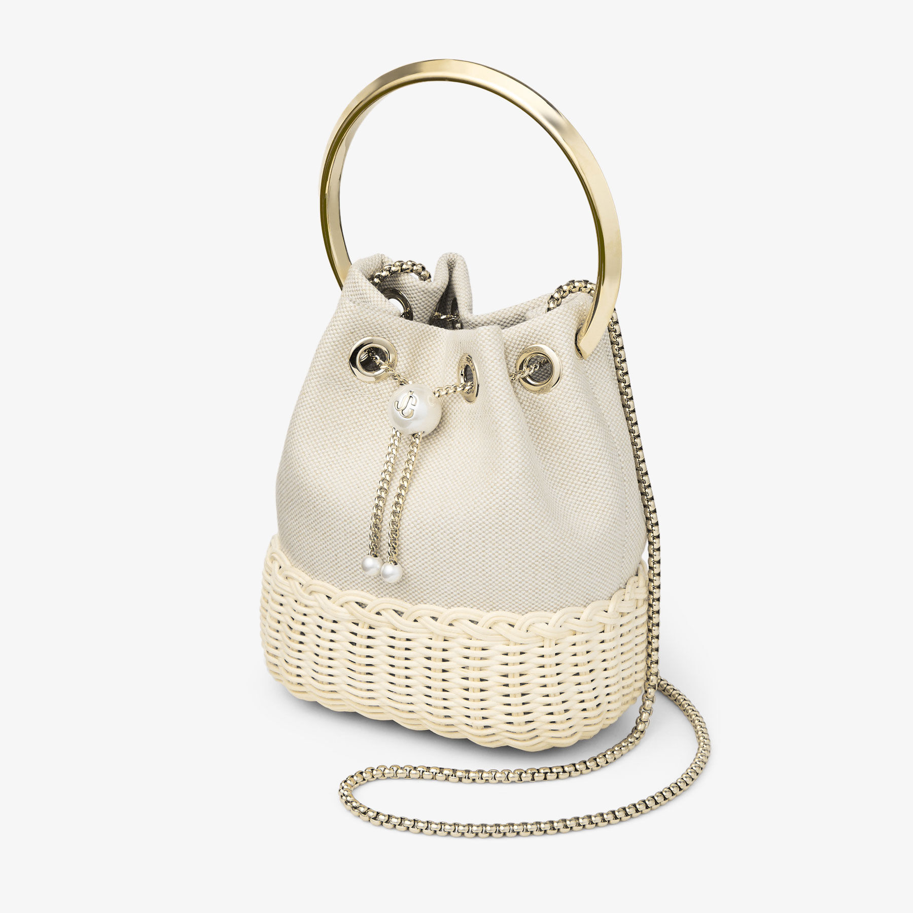 Bon Bon | Almond Mix Flecked Canvas and Wicker Bucket Bag | JIMMY CHOO