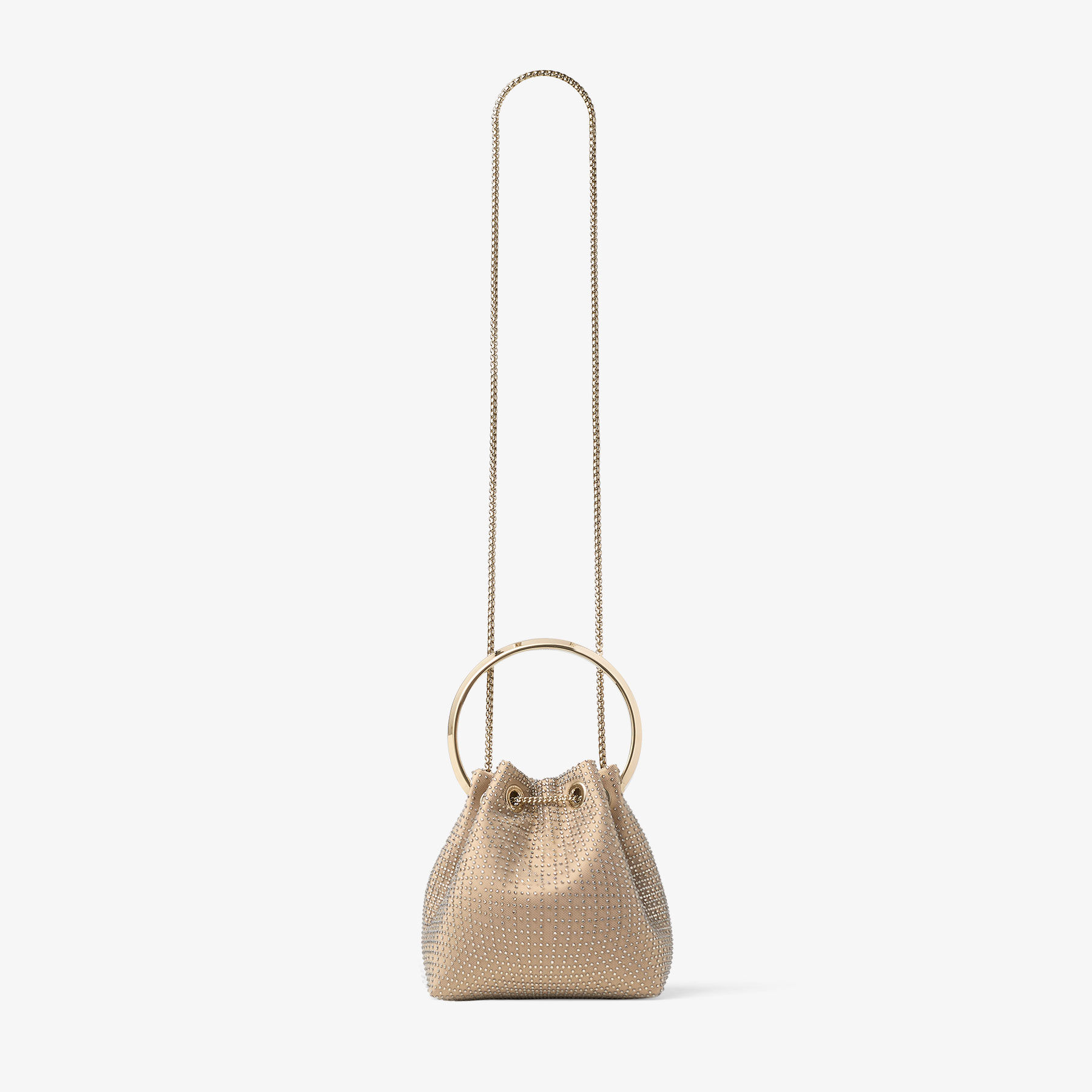 Bon Bon | Light Gold Satin and Illusion Crystal Mesh Handbag | JIMMY CHOO