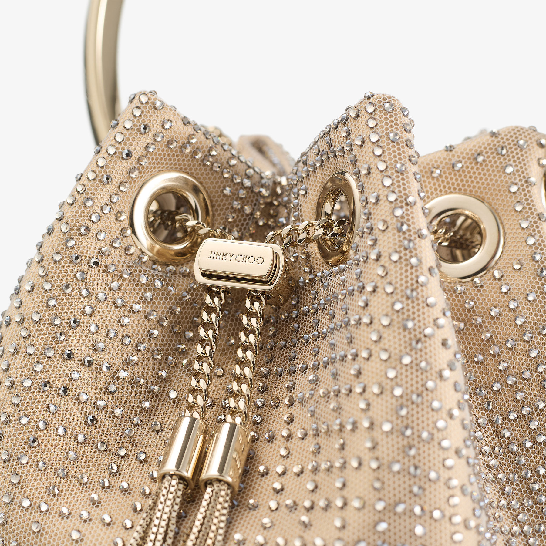 Bon Bon | Light Gold Satin and Illusion Crystal Mesh Handbag | JIMMY CHOO