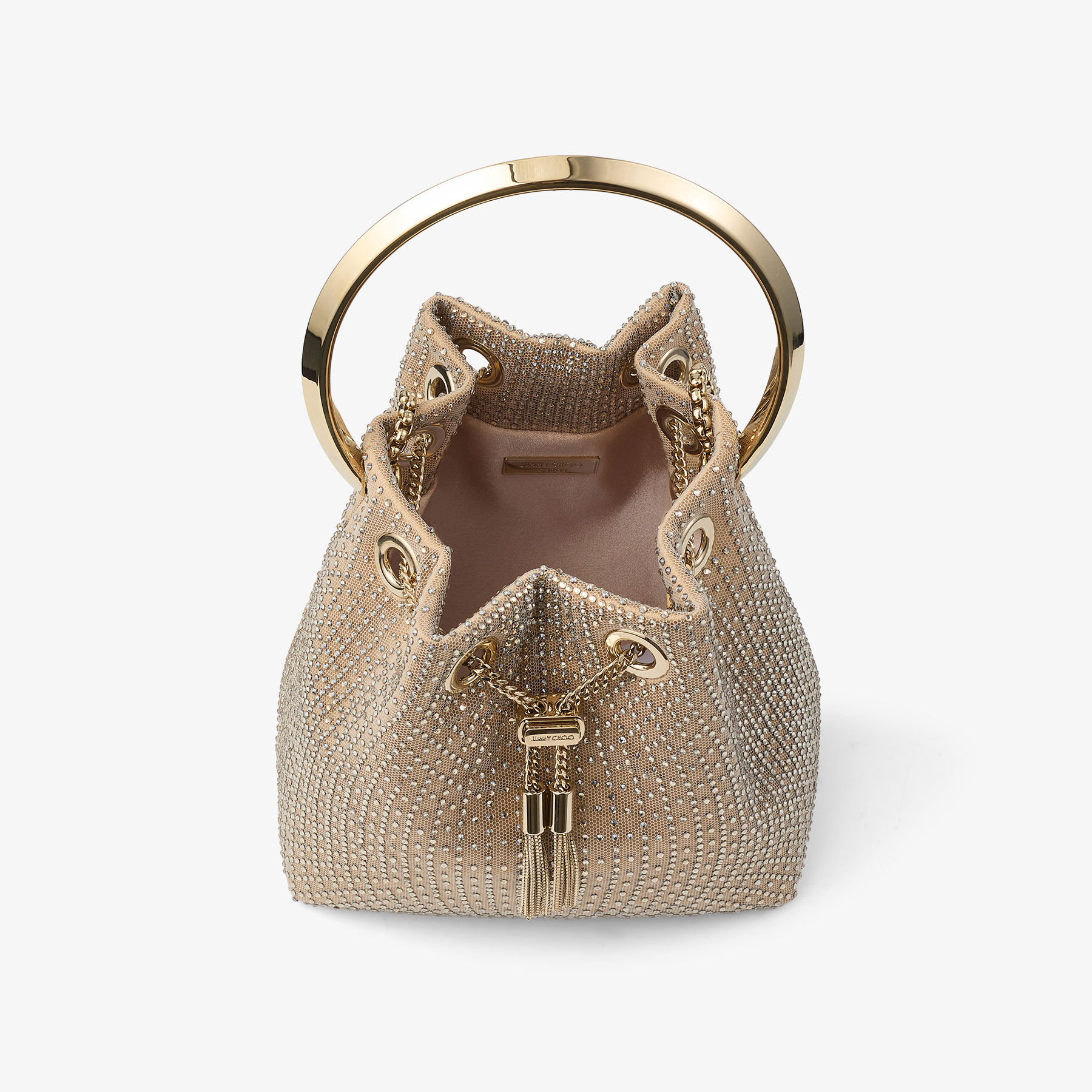 Bon Bon | Light Gold Satin and Illusion Crystal Mesh Handbag | JIMMY CHOO