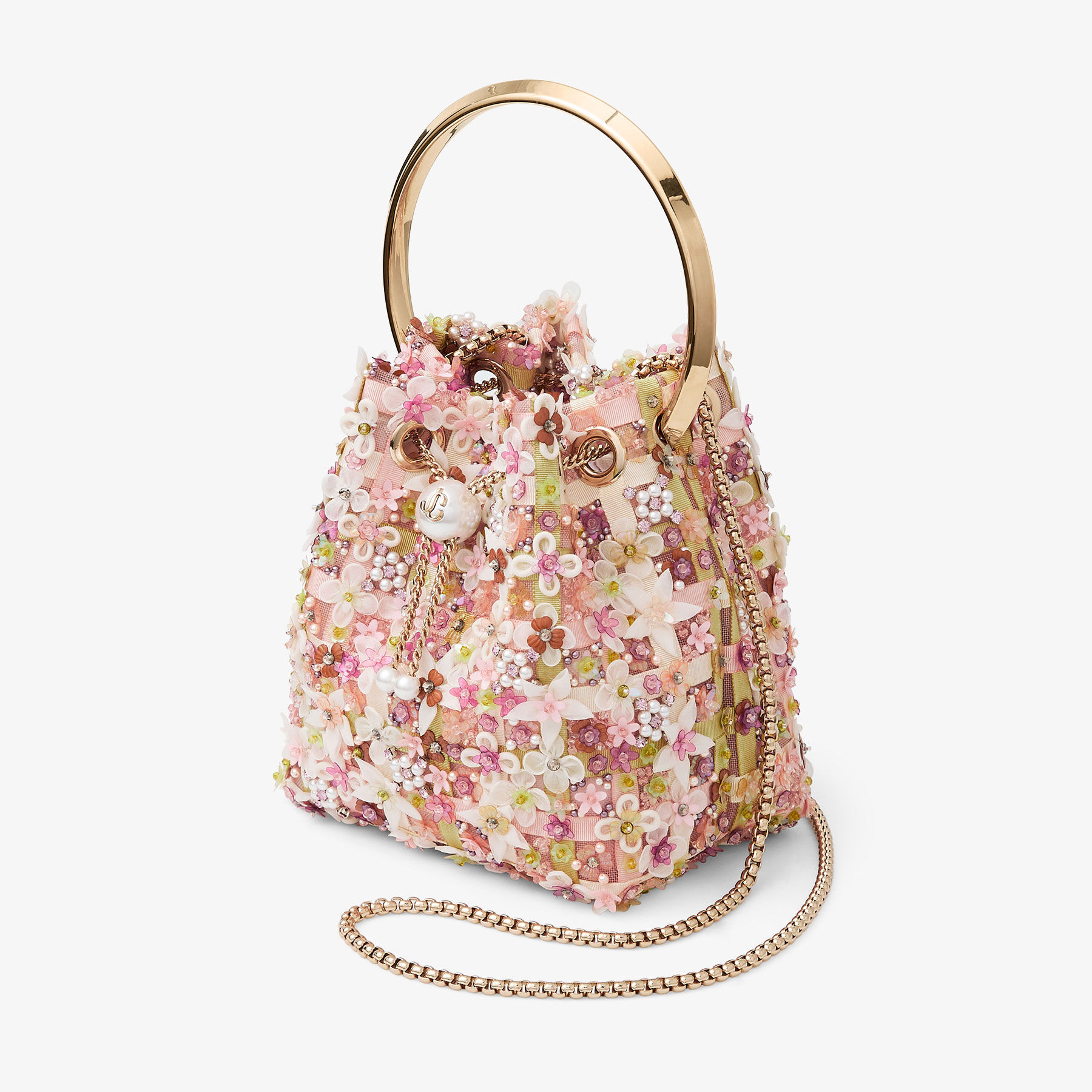 Bon Bon | Rose Mesh Bucket Bag with Flower Embroidery | JIMMY CHOO