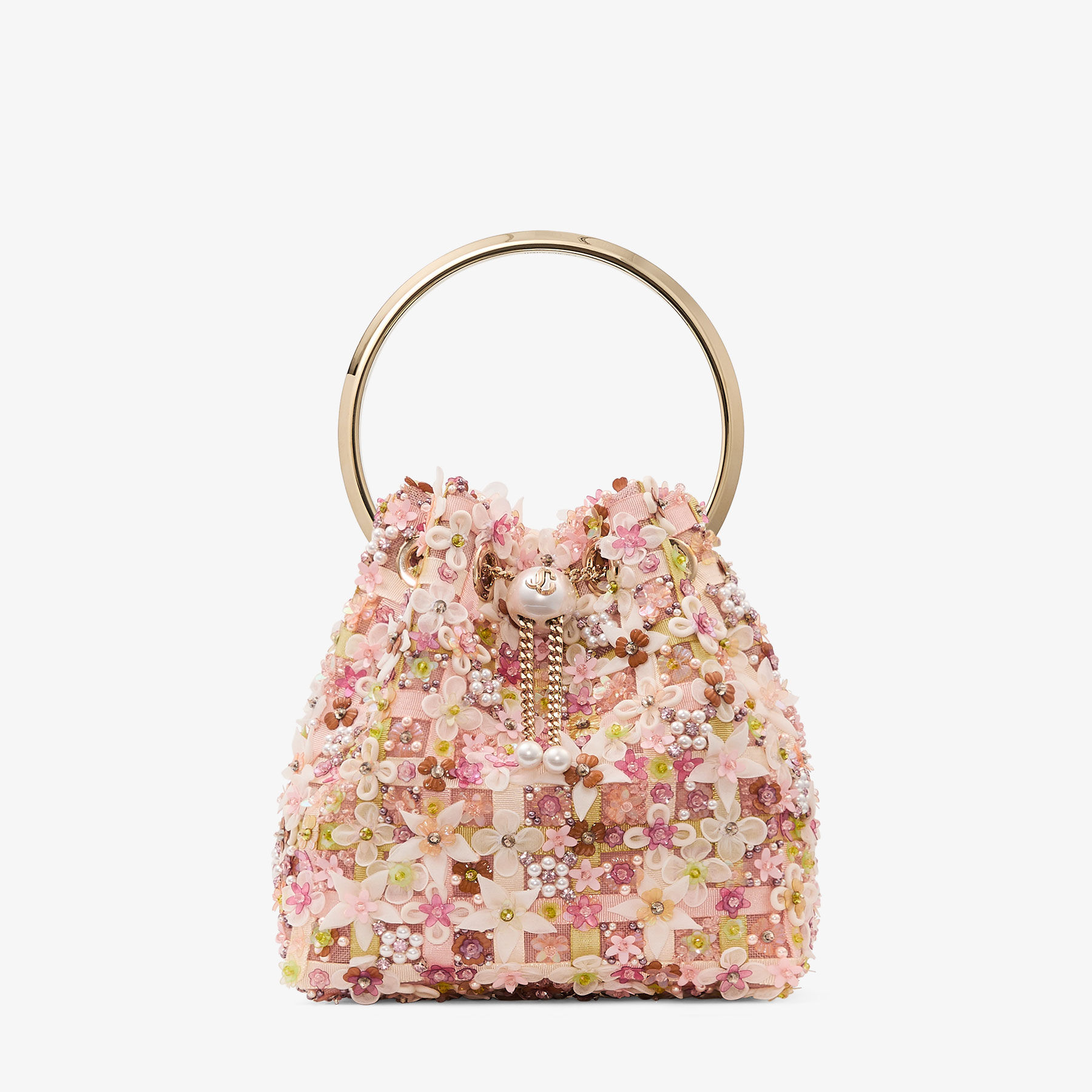Bon Bon | Rose Mesh Bucket Bag with Flower Embroidery | JIMMY CHOO