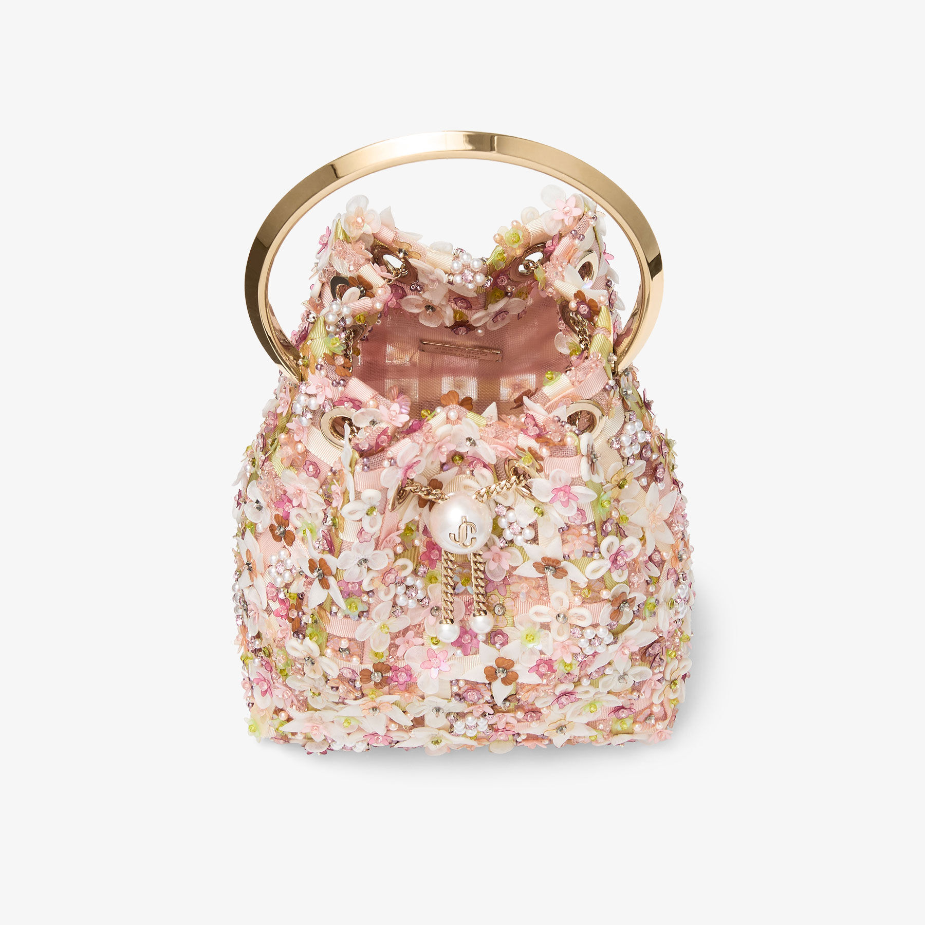 Bon Bon | Rose Mesh Bucket Bag with Flower Embroidery | JIMMY CHOO