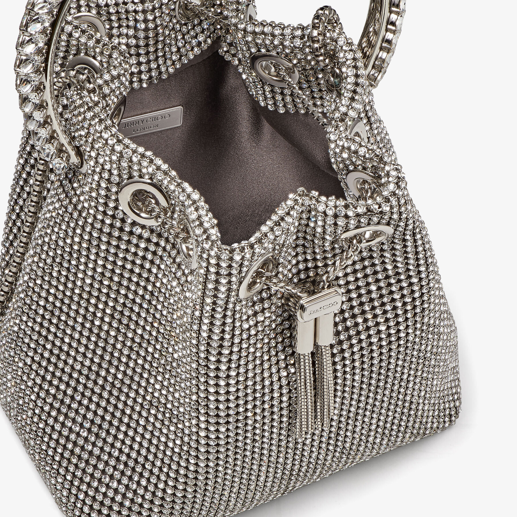 Bon Bon | Silver Satin Crystal Mesh Bag with Crystal Handle | JIMMY CHOO