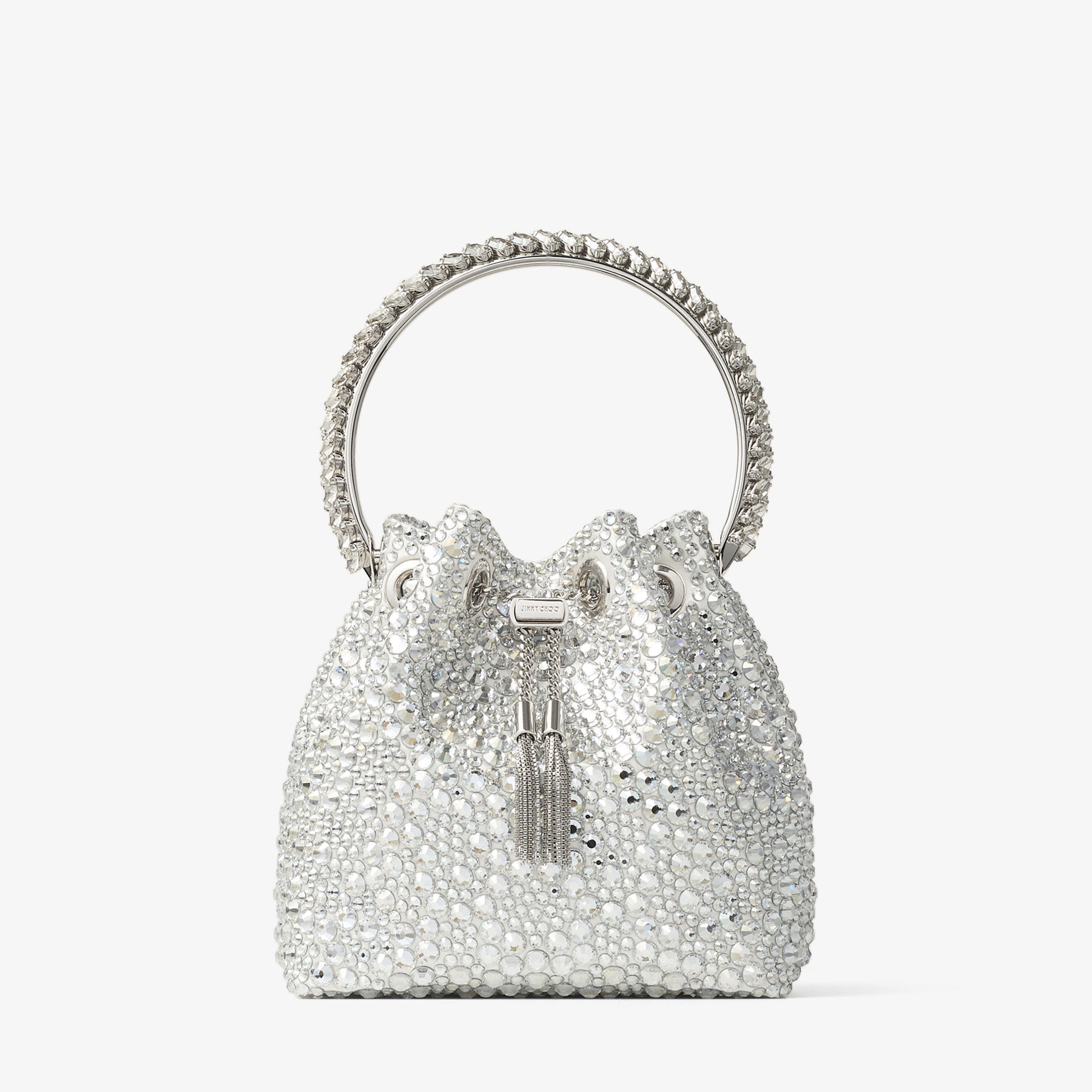Bon Bon | Ivory Satin Bucket Bag with Multi-Crystal Hotfix | JIMMY CHOO