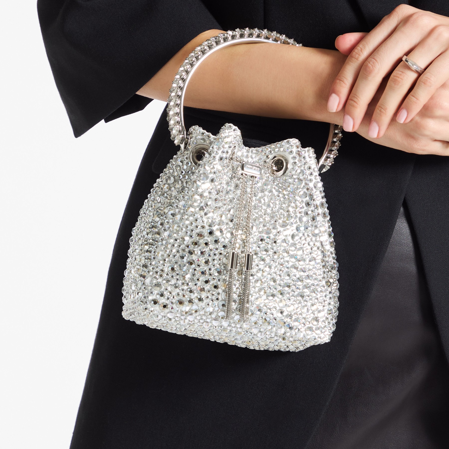 Bon Bon | Ivory Satin Bucket Bag with Multi-Crystal Hotfix | JIMMY CHOO