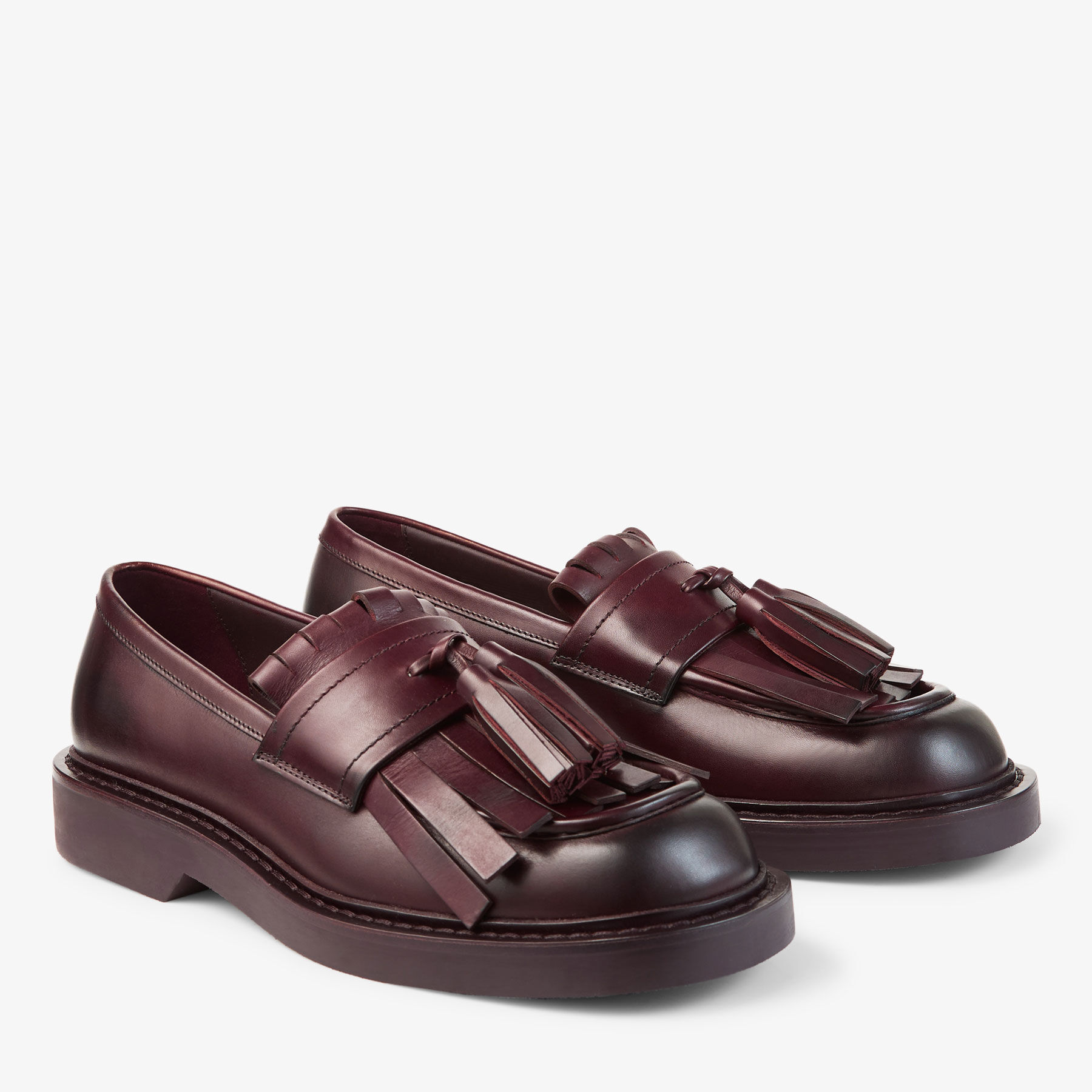 Buff Fringe Loafer | Deep Merlot Waxed Calf Loafers | JIMMY CHOO