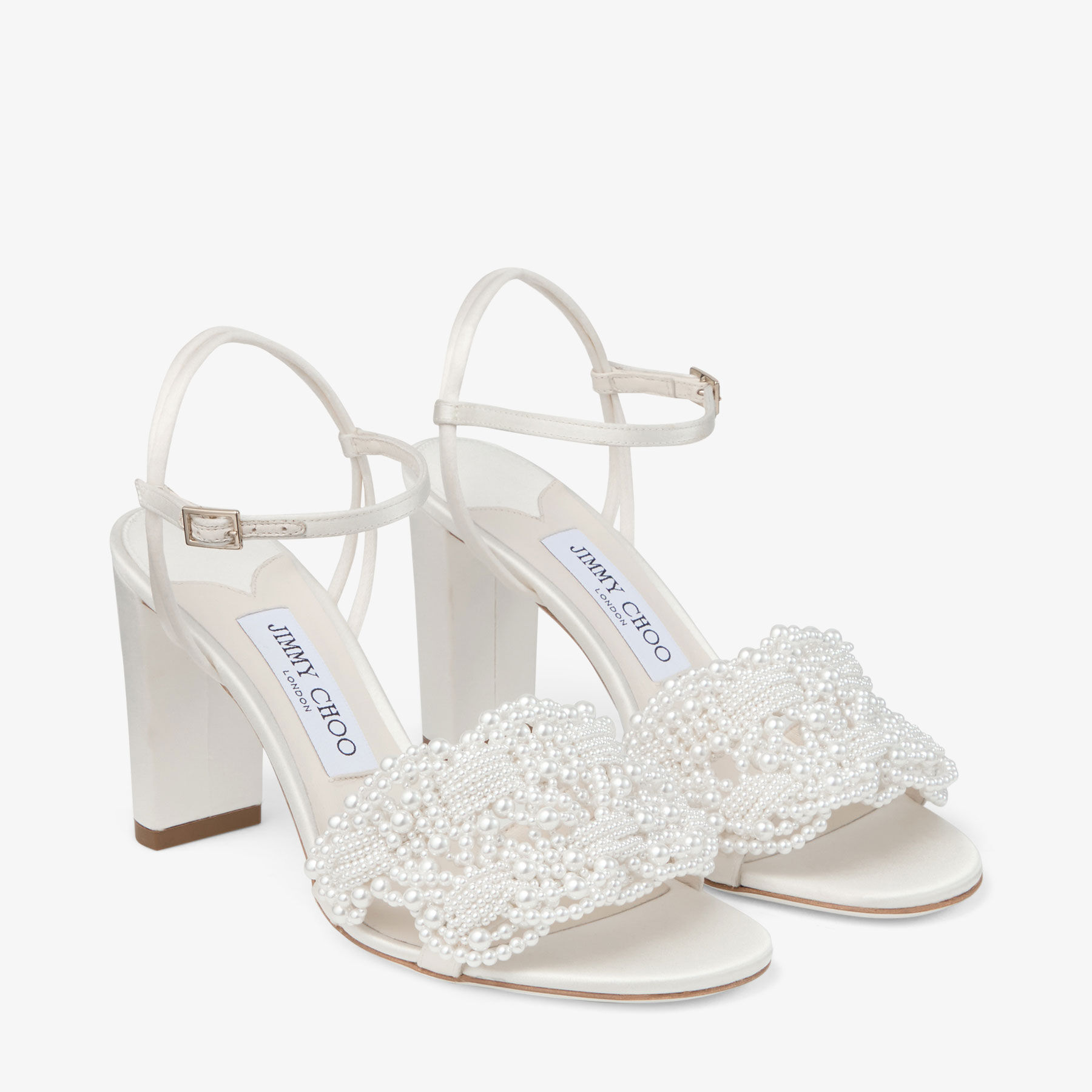 Cary 85 |Ivory Satin Block Heel Sandal with Pearl Embellishments ...