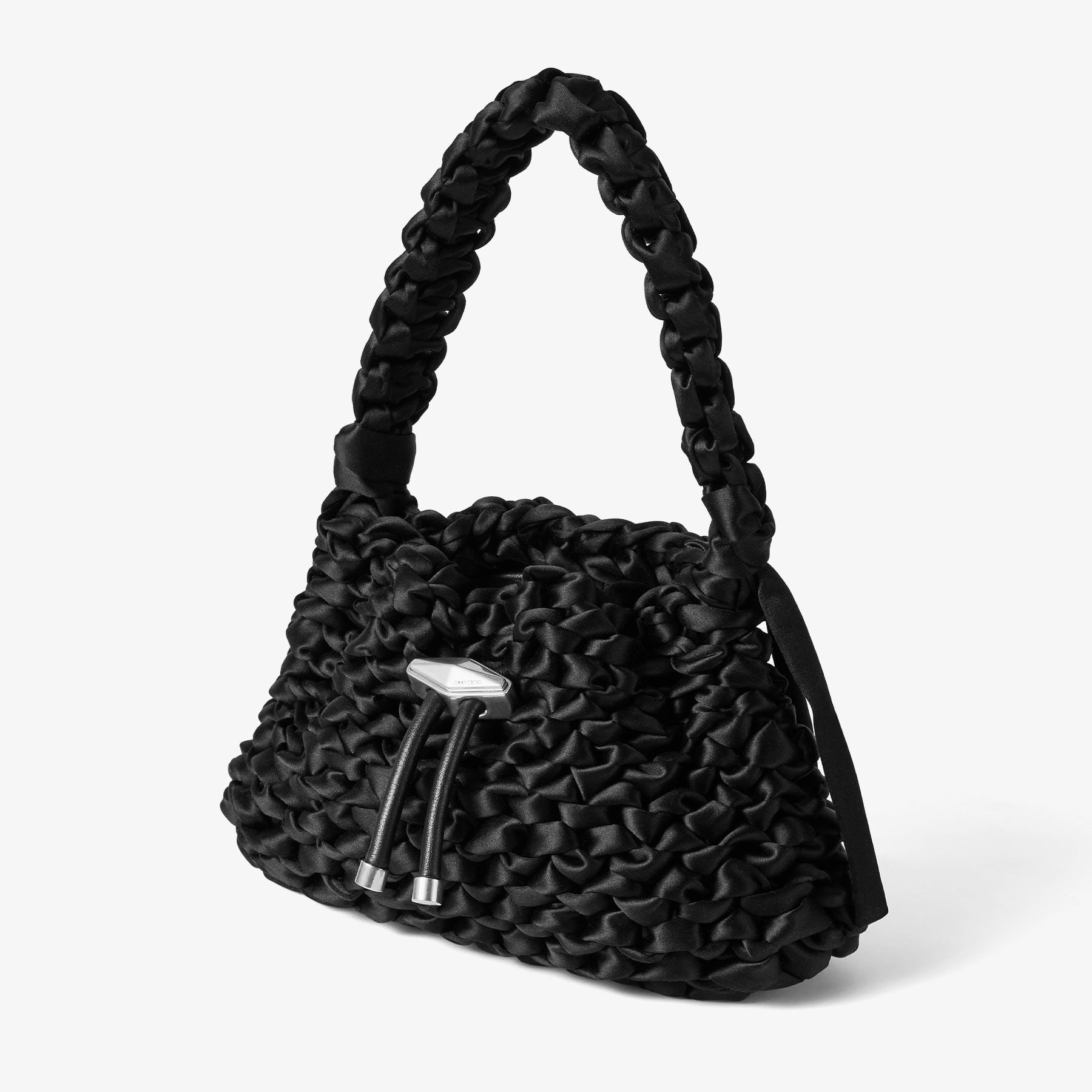 Cinch S | Black Woven Satin Shoulder Bag | JIMMY CHOO