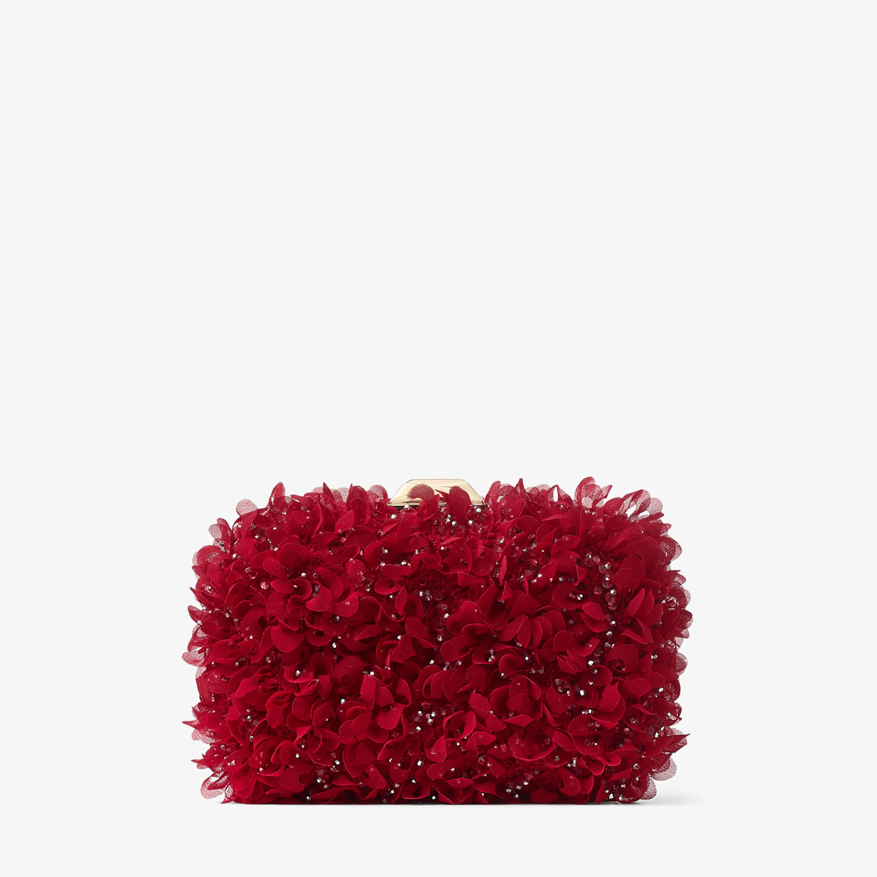 Cloud | Ruby Red Satin Clutch Bag with Petal Embroidery | JIMMY CHOO