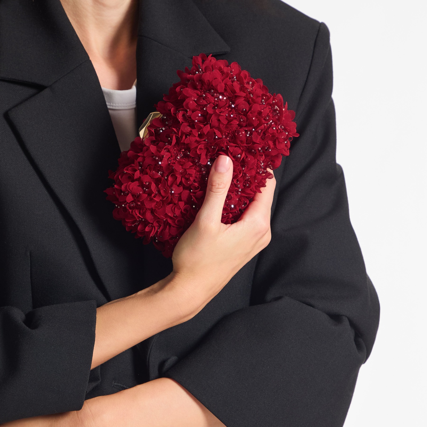 Cloud | Ruby Red Satin Clutch Bag with Petal Embroidery | JIMMY CHOO