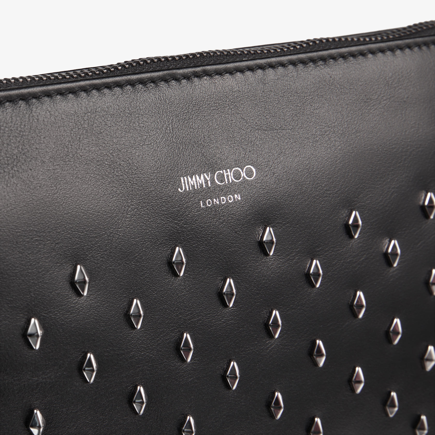 DEREK-N | Black Leather Clutch Bag with Studs | Summer Collection | JIMMY CHOO UK