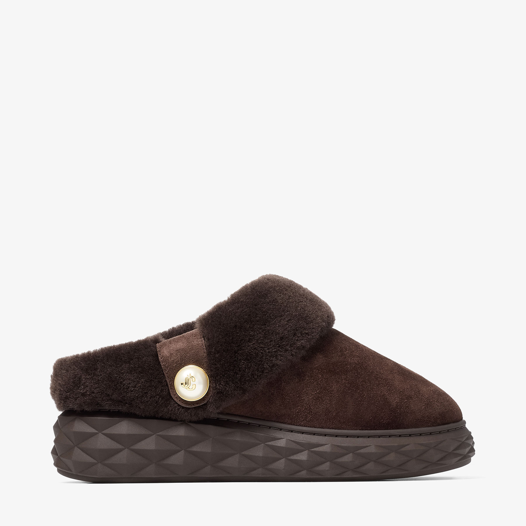 Diamond Maxi Mule F | Chocolate Suede Mules with Shearling | JIMMY CHOO