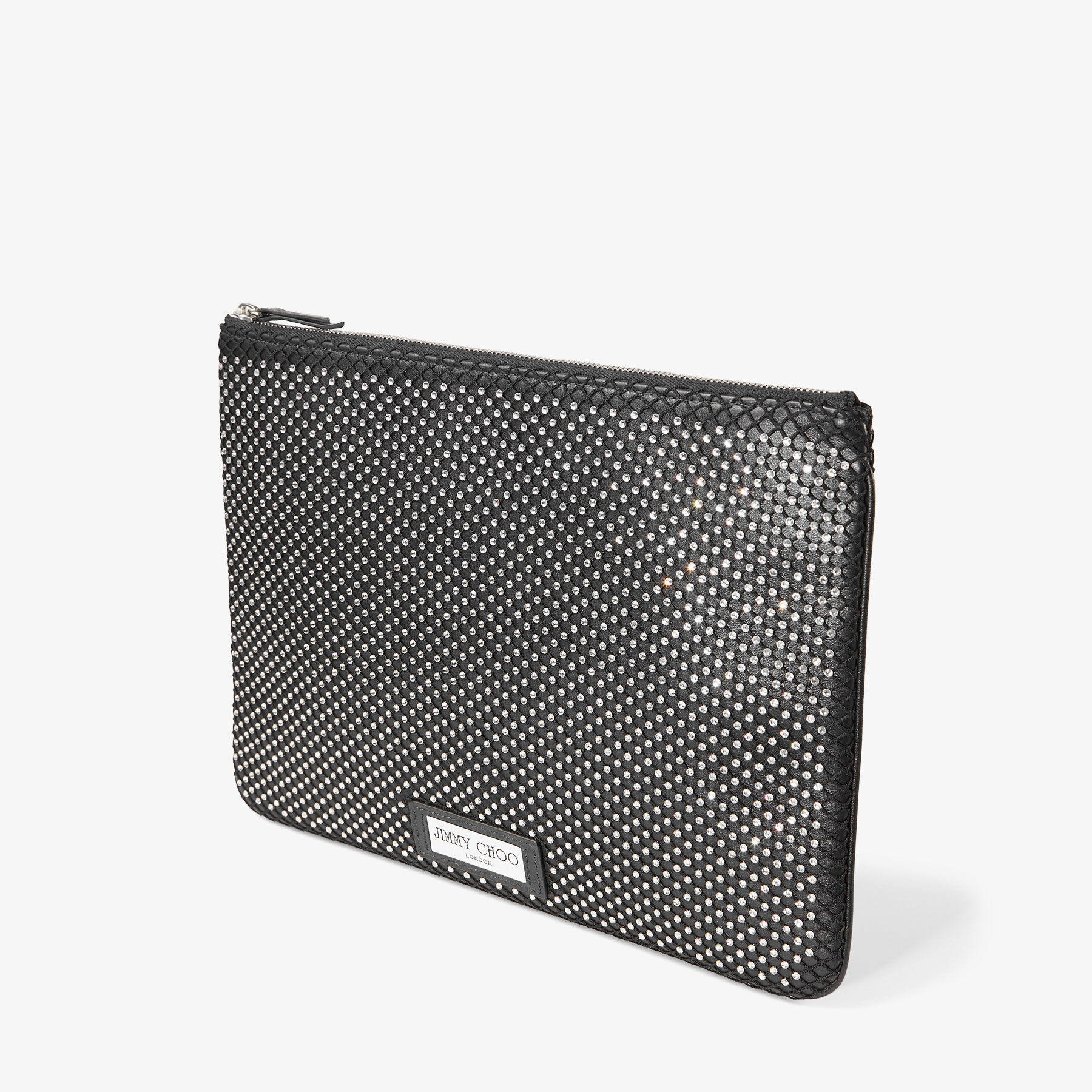 Diamond Zip Pouch | Black Smooth Leather Zip Pouch with Crystal Mesh ...