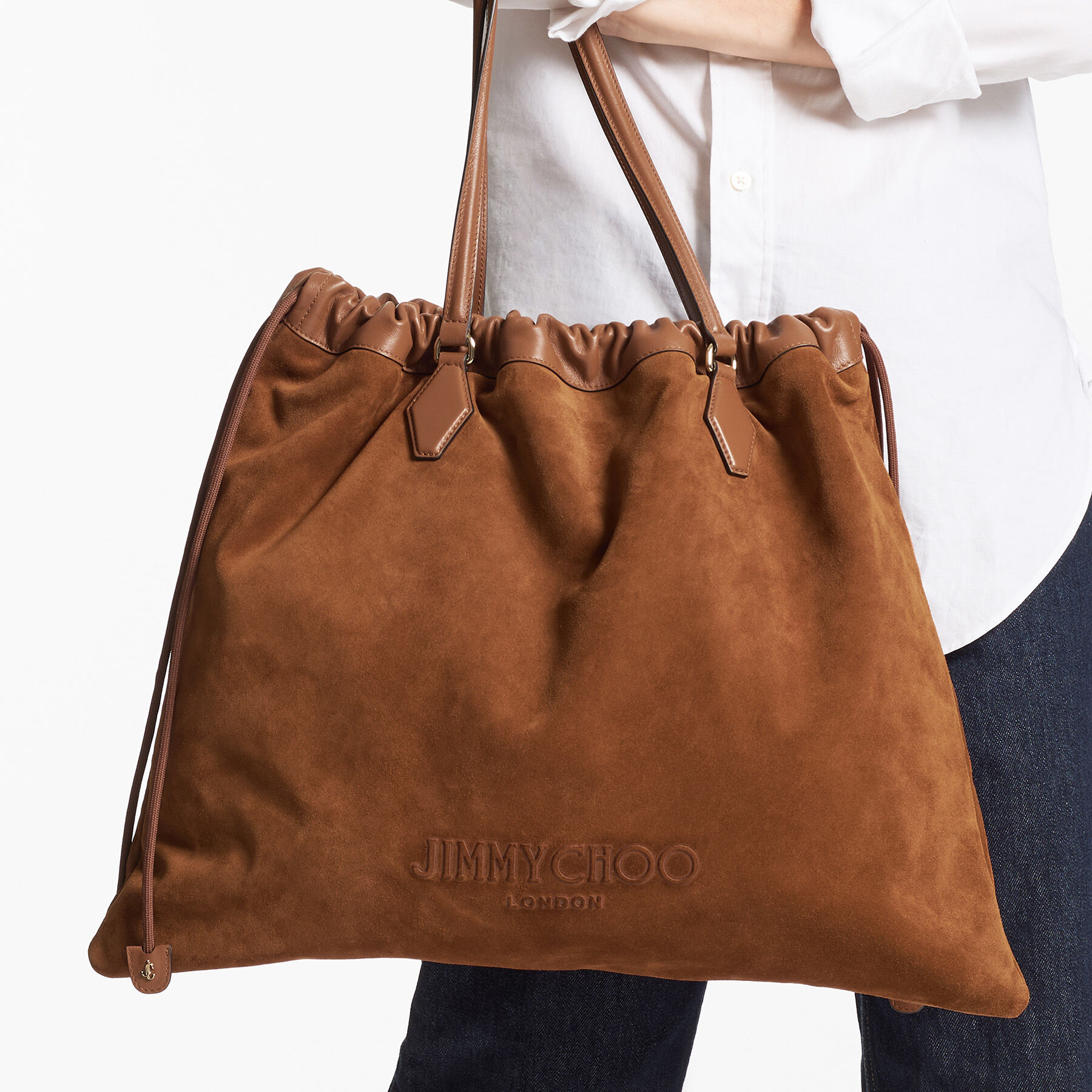 Drawstring Tote L | Tan Suede and Smooth Calf Leather Tote with Jimmy ...