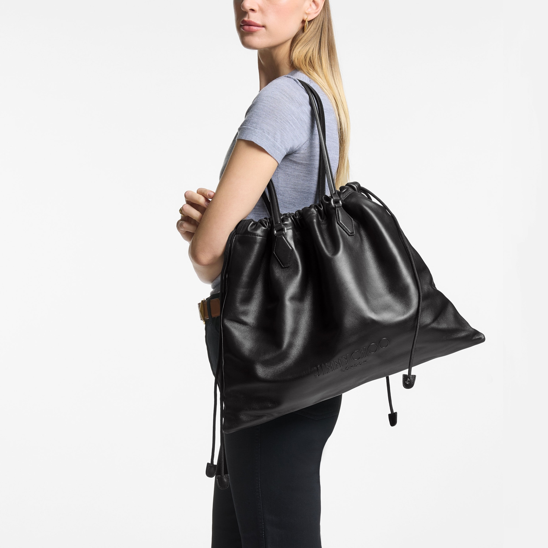 Drawstring Tote L |Black Nappa Leather Drawstring Tote with Embossed ...