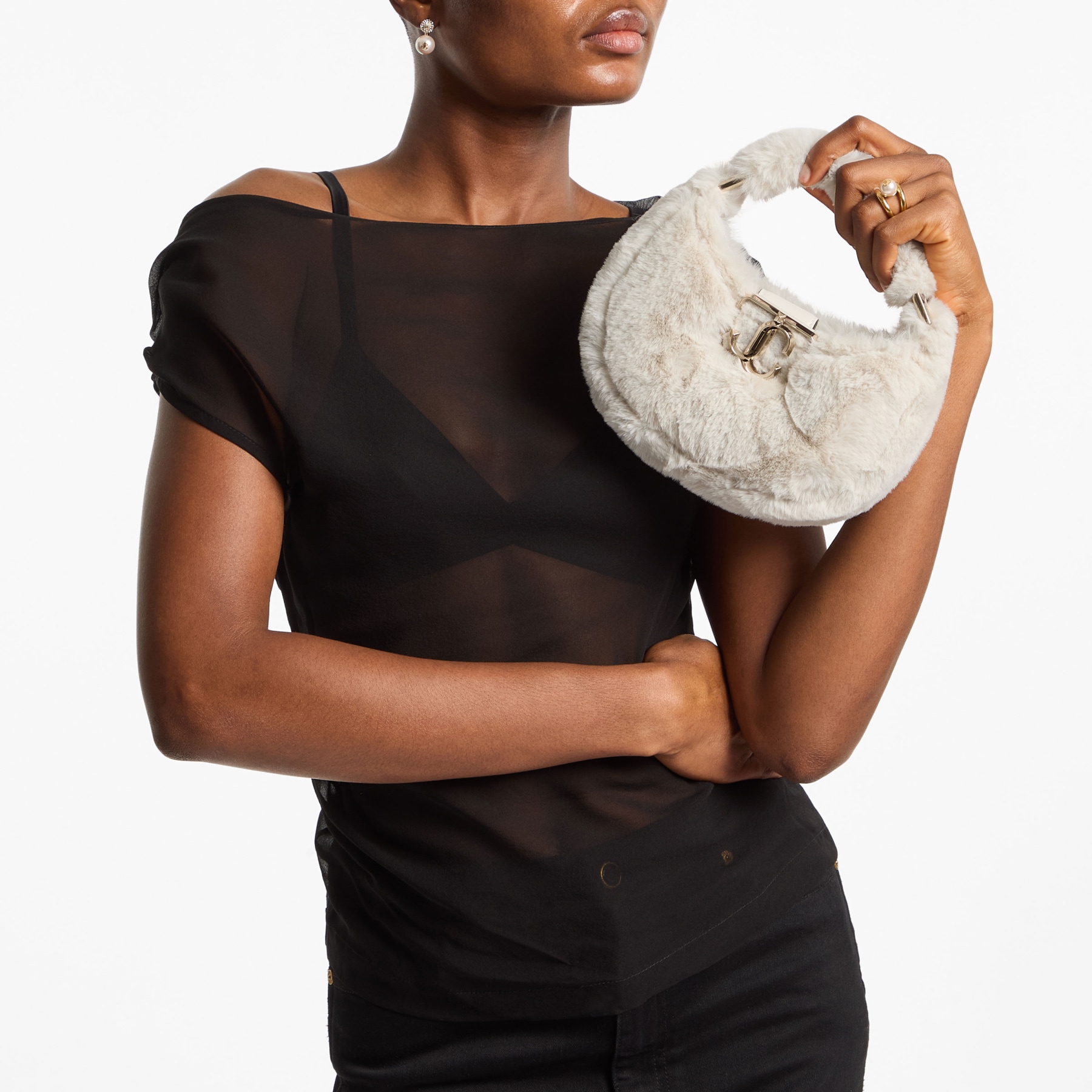 Edie Hobo Mini | Latte Faux Fur Mini Bag | JIMMY CHOO