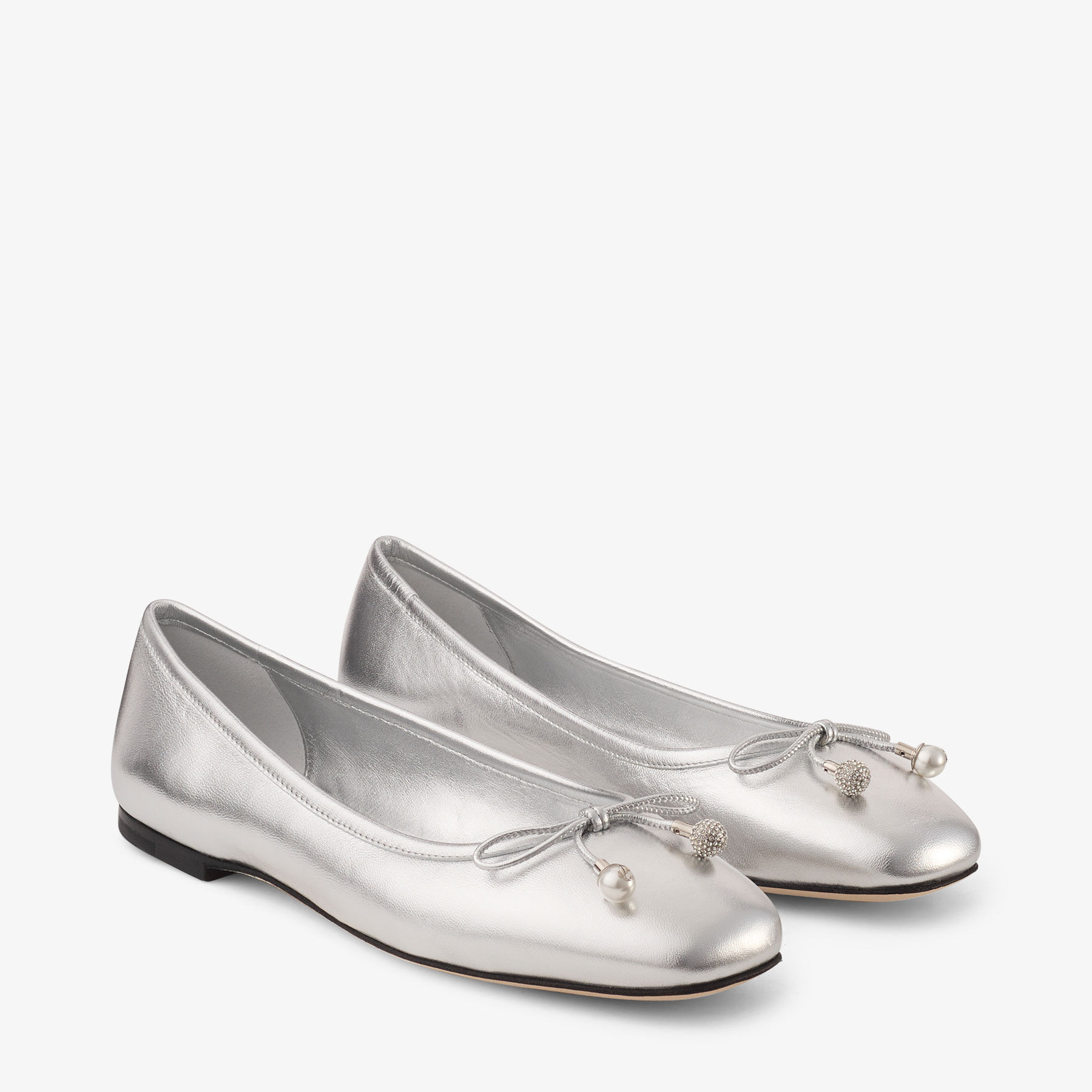 Elme Flat |Silver Metallic Leather Ballerina Flats with Bows and Pearls ...