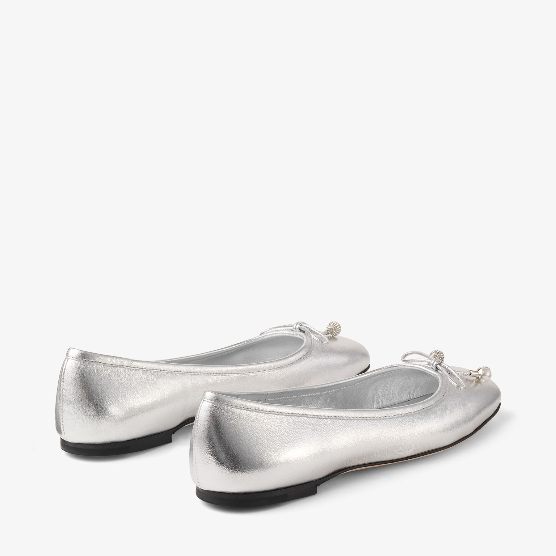 Elme Flat |Silver Metallic Leather Ballerina Flats with Bows and Pearls ...