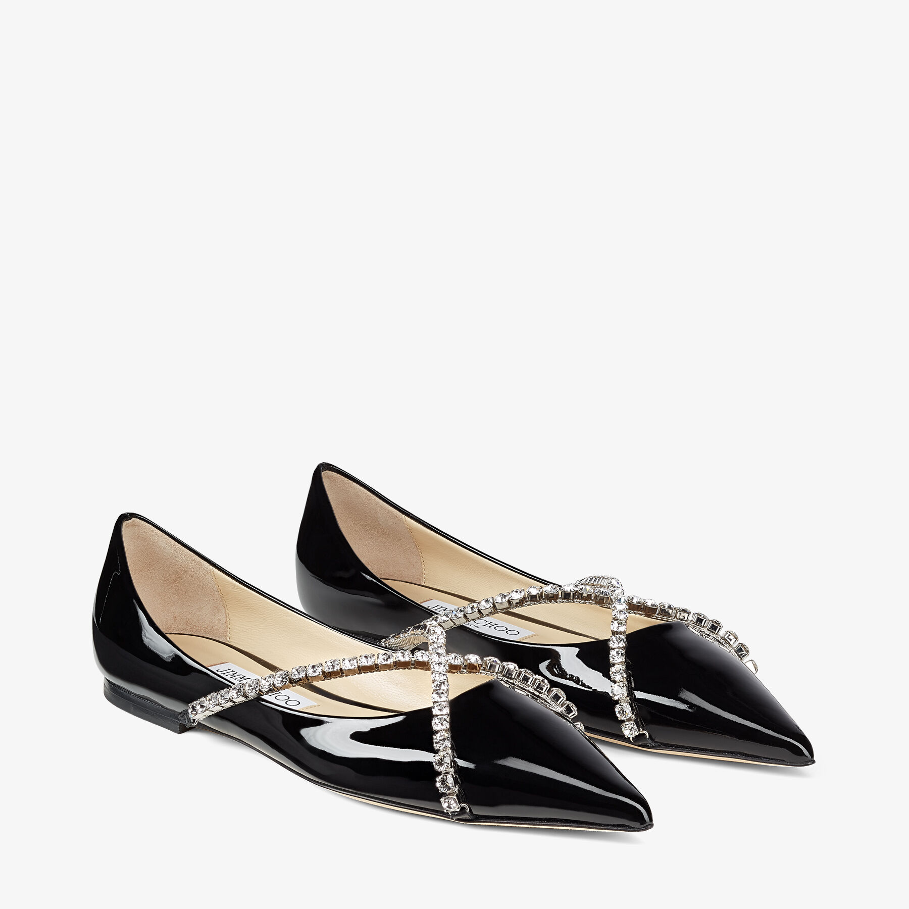Genevi Flat |Black Patent Leather Pointed-Toe Flats with Crystal Chain ...