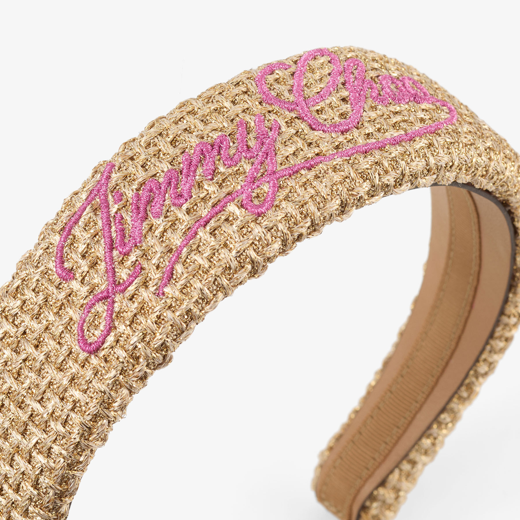 Logo Script Headband | Gold Raffia Embroidered Headband | JIMMY CHOO