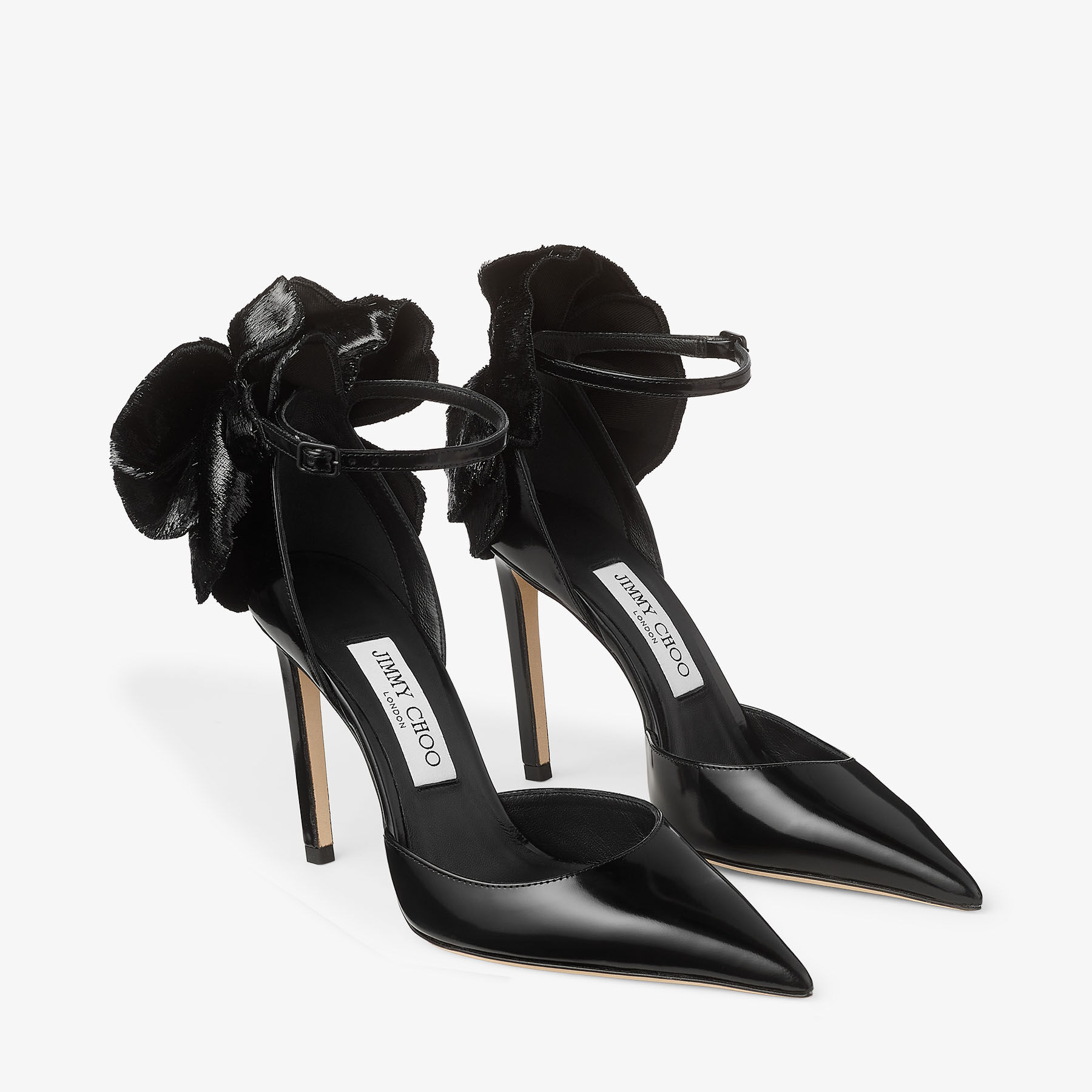 Marja 100 | Black Soft Spazzolato Pumps with Short Tinsel Corsage | JIMMY CHOO