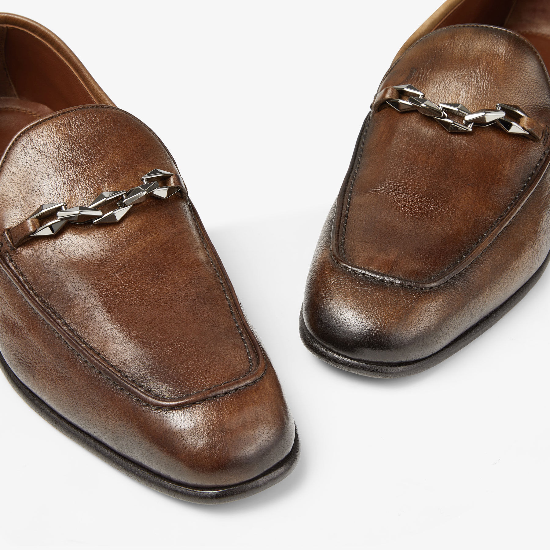 MARTI REVERSE | Dark Tan Buffalo Leather Loafers with Chain ...