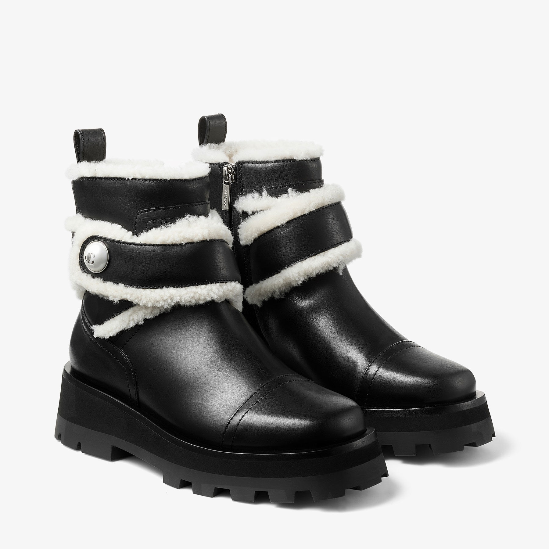 Meena Flat | Black Shiny Calf Leather Ankle Boots with Shearling ...