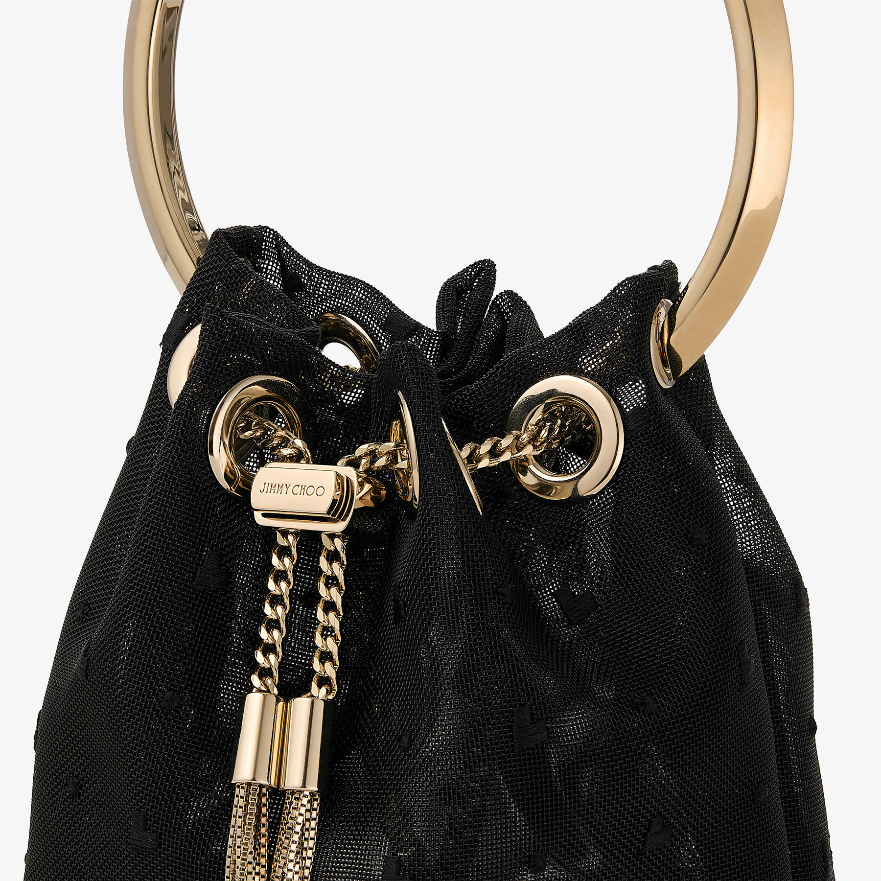 Micro Bon Bon | Black Polka Dot Heart Mesh Mini Bag | JIMMY CHOO