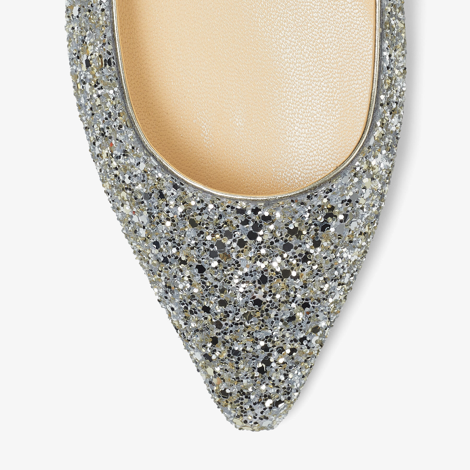 Champagne Coarse Glitter Fabric Pointed Flats | ROMY Flats | Pre-Fall ...