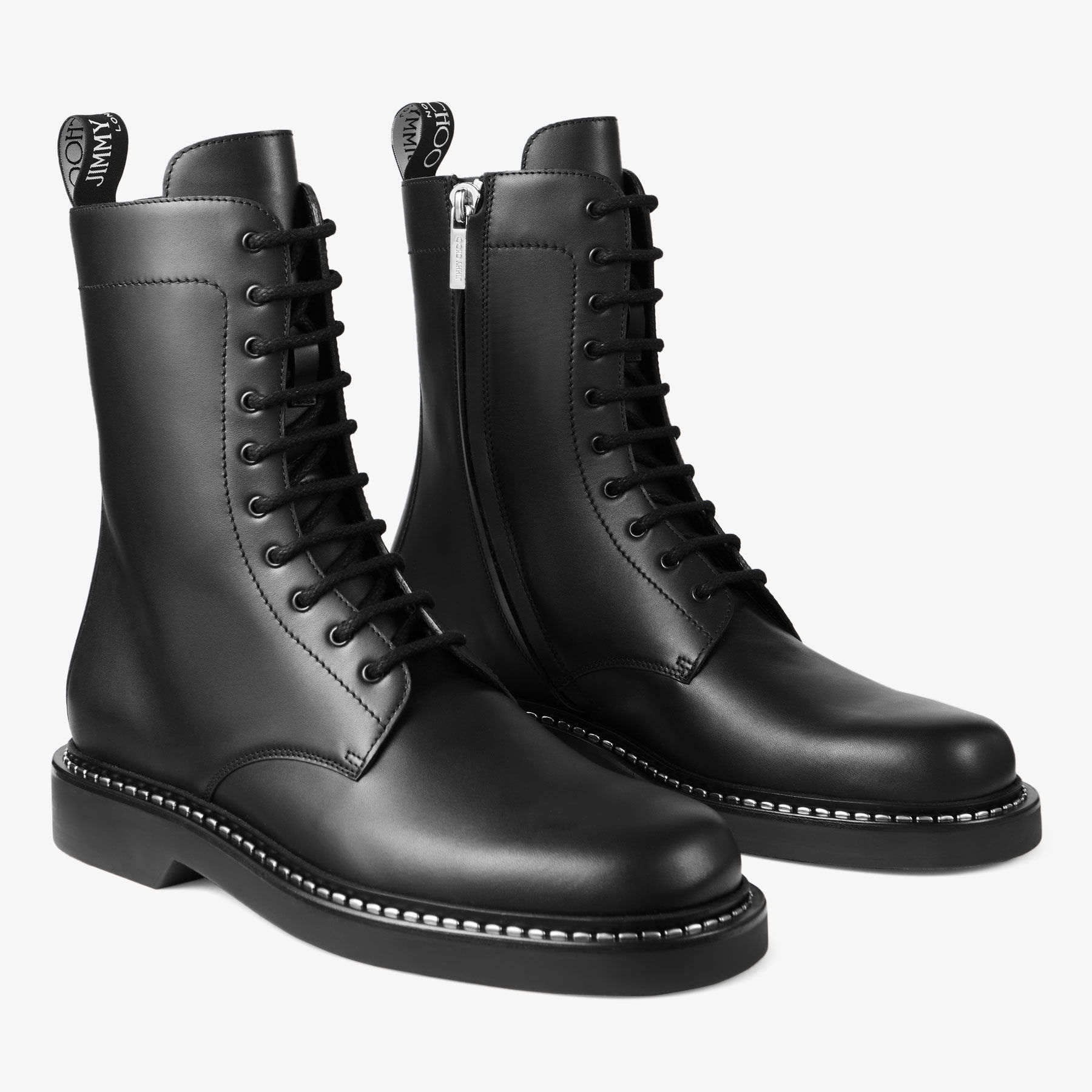 Rowan Derby Boot | Black Box Calf Leather Boots with Metal Welt Detail | JIMMY CHOO