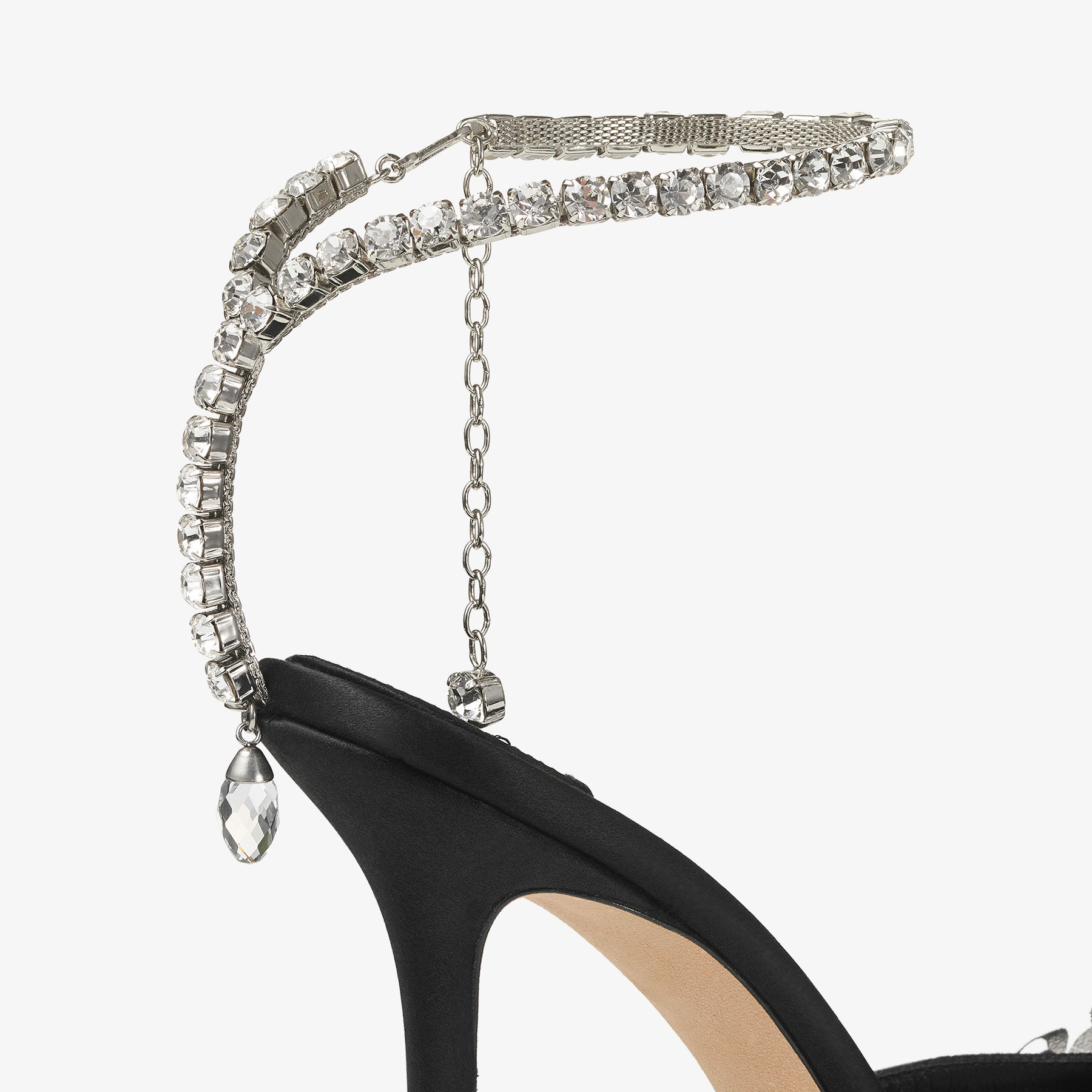 Saeda 100 | Black Mesh Pumps with Petal Embroidery and Crystal Chain ...