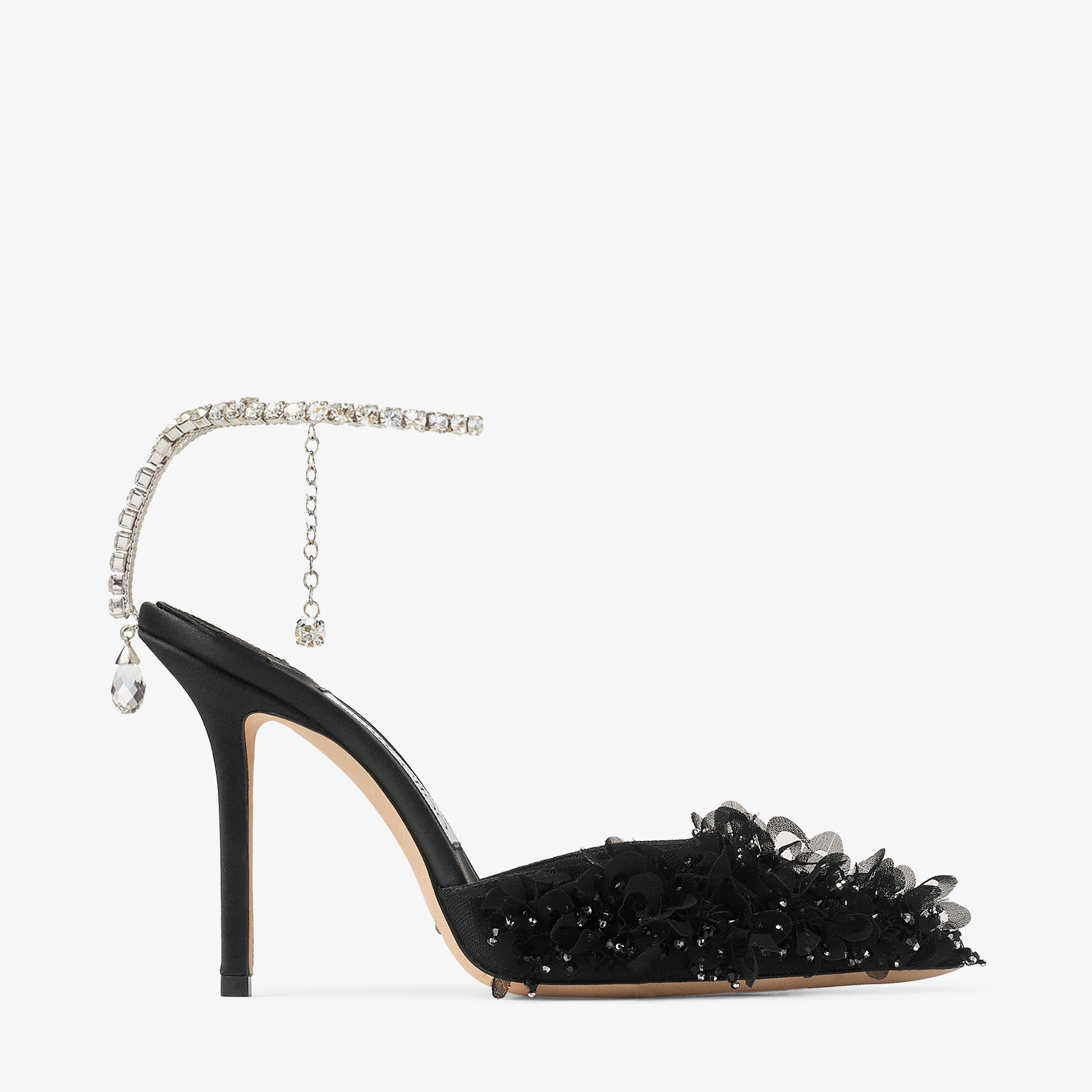 Saeda 100 | Black Mesh Pumps with Petal Embroidery and Crystal Chain ...