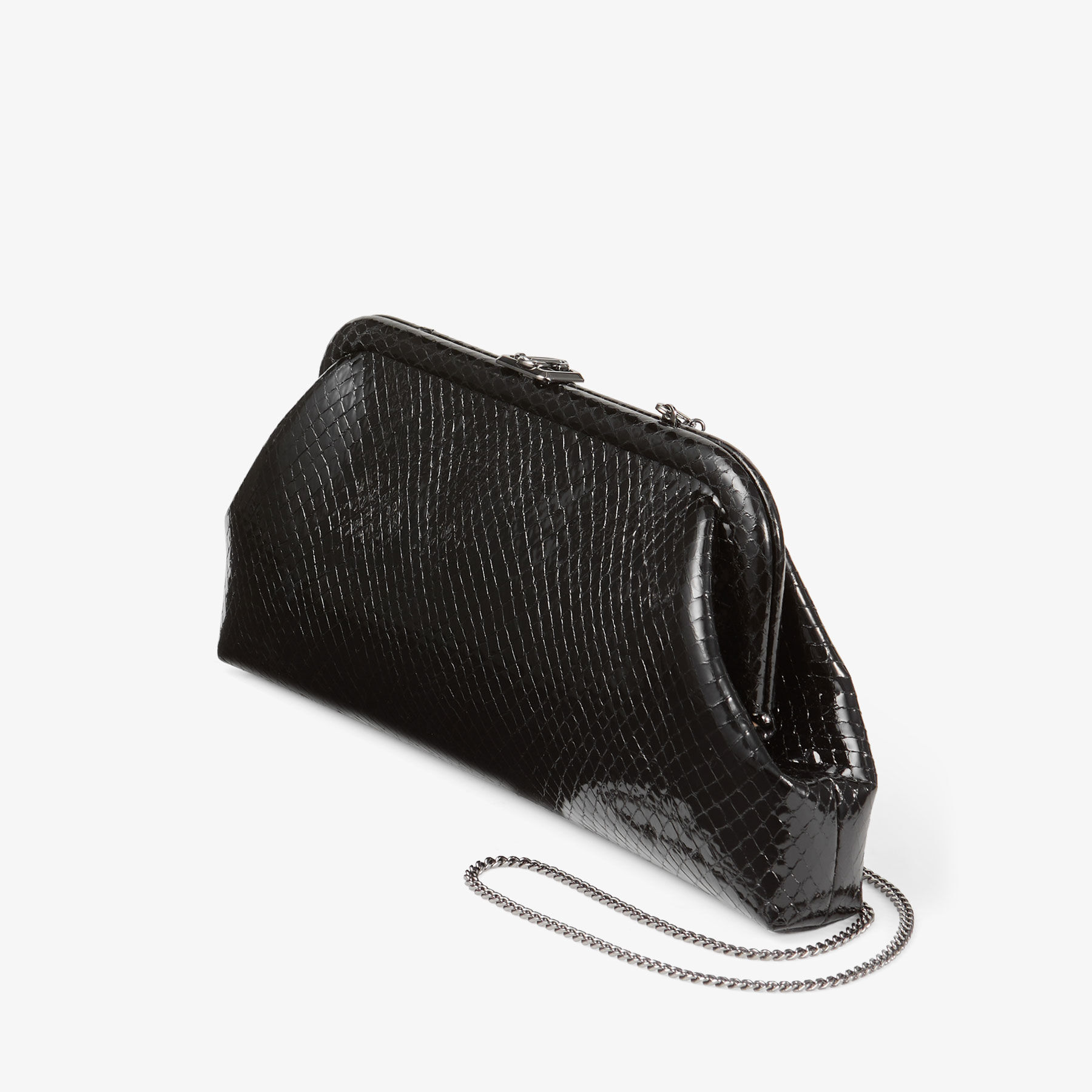 Skylar | Black Shiny Snake Printed Leather Clutch with Square JC Clasp ...