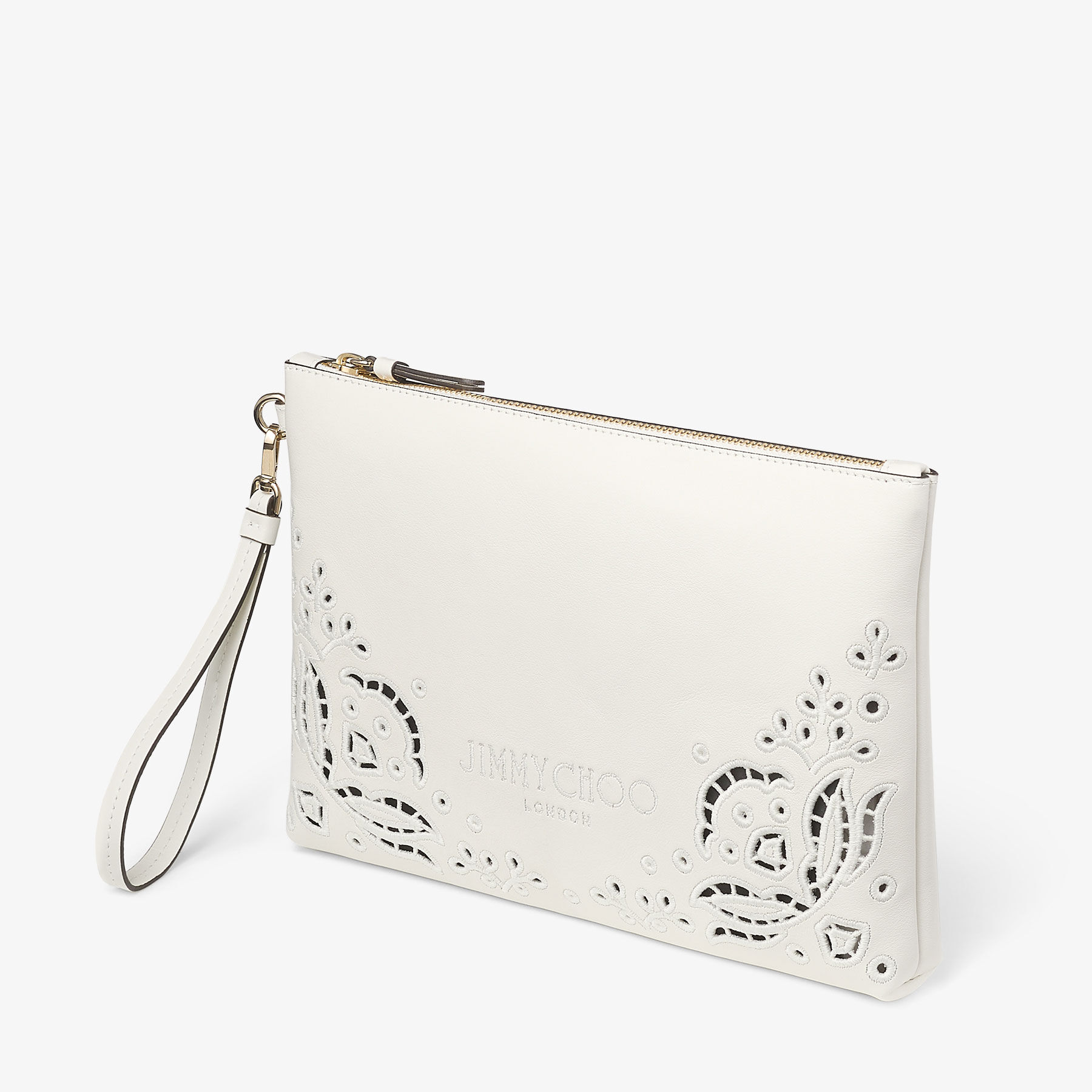 Zipped Flat Pouch |Latte Leather Pouch with Sangallo Embroidery | JIMMY ...